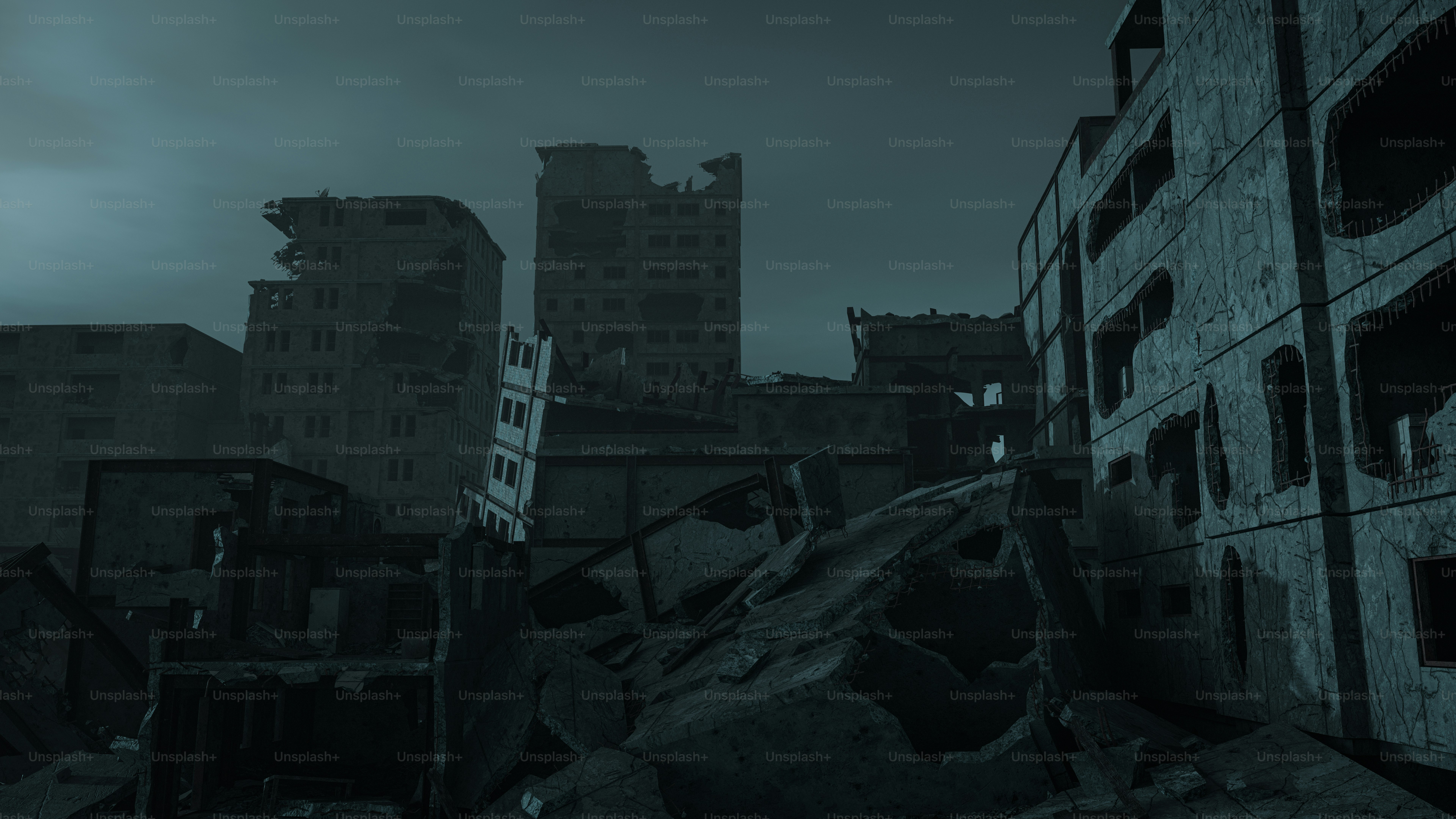 A pile of rubble next to a tall building photo – 3d render Image on ...