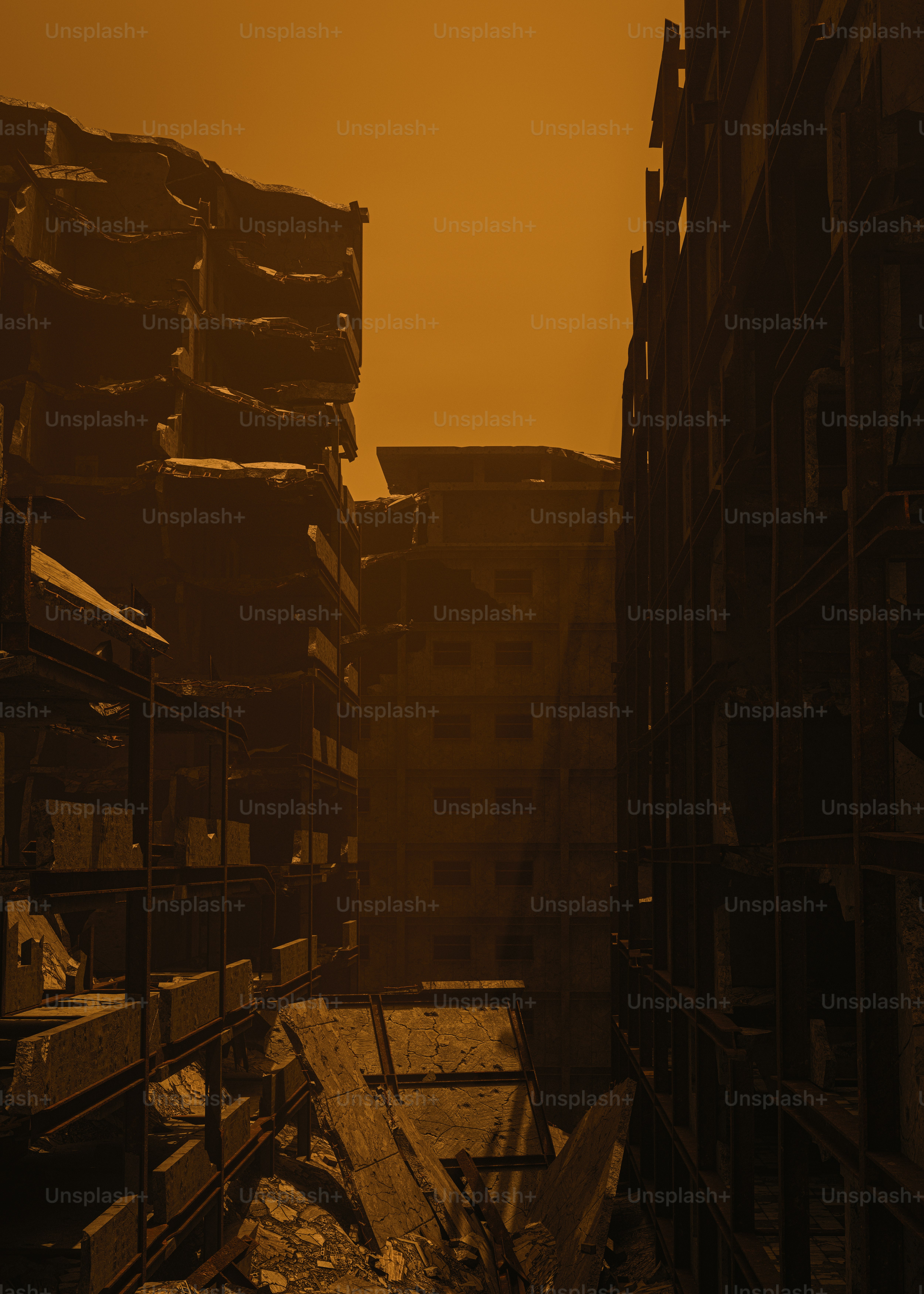 A city filled with lots of rubble next to tall buildings photo ...