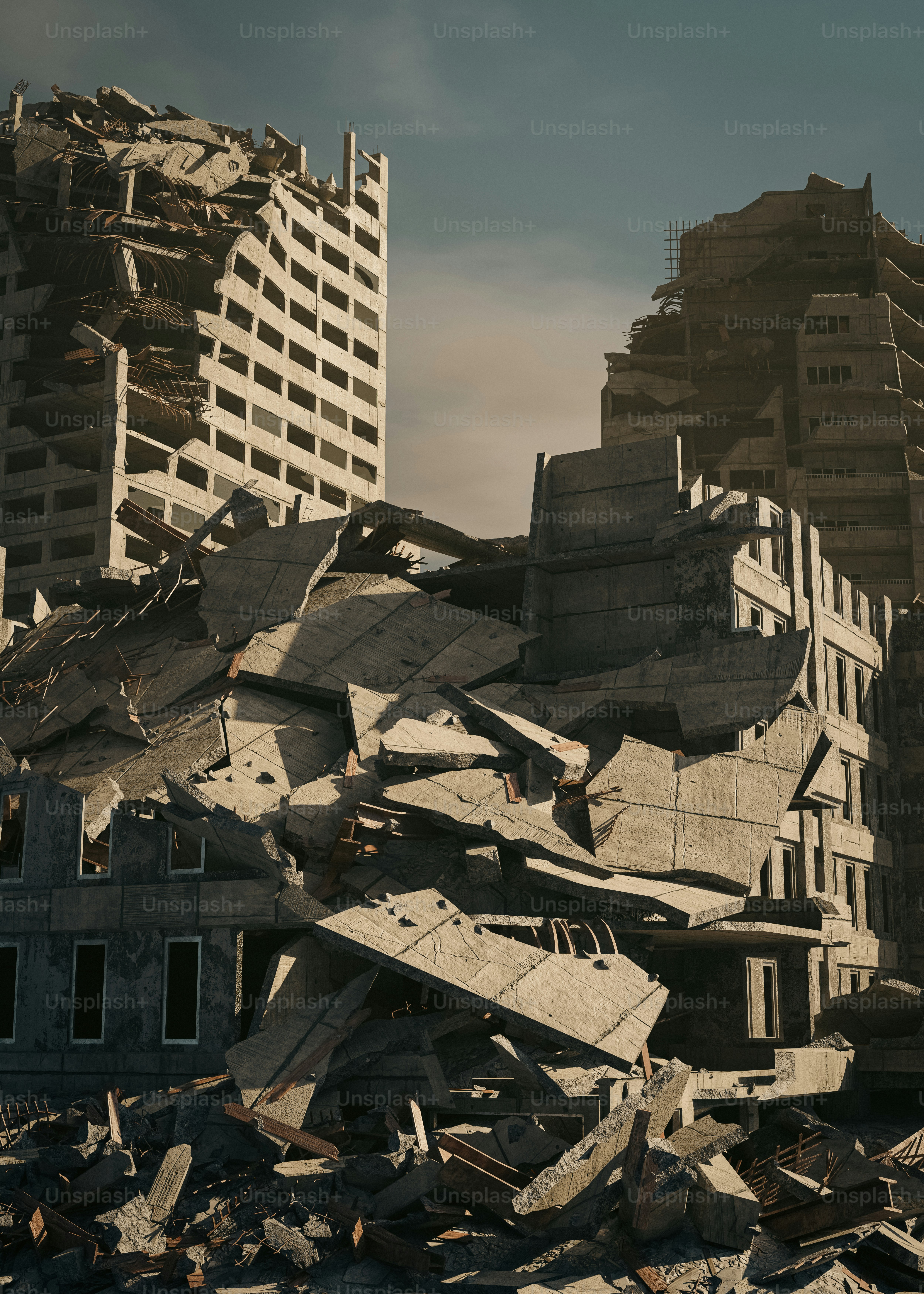 A large pile of rubble in front of a tall building photo – 3d render ...