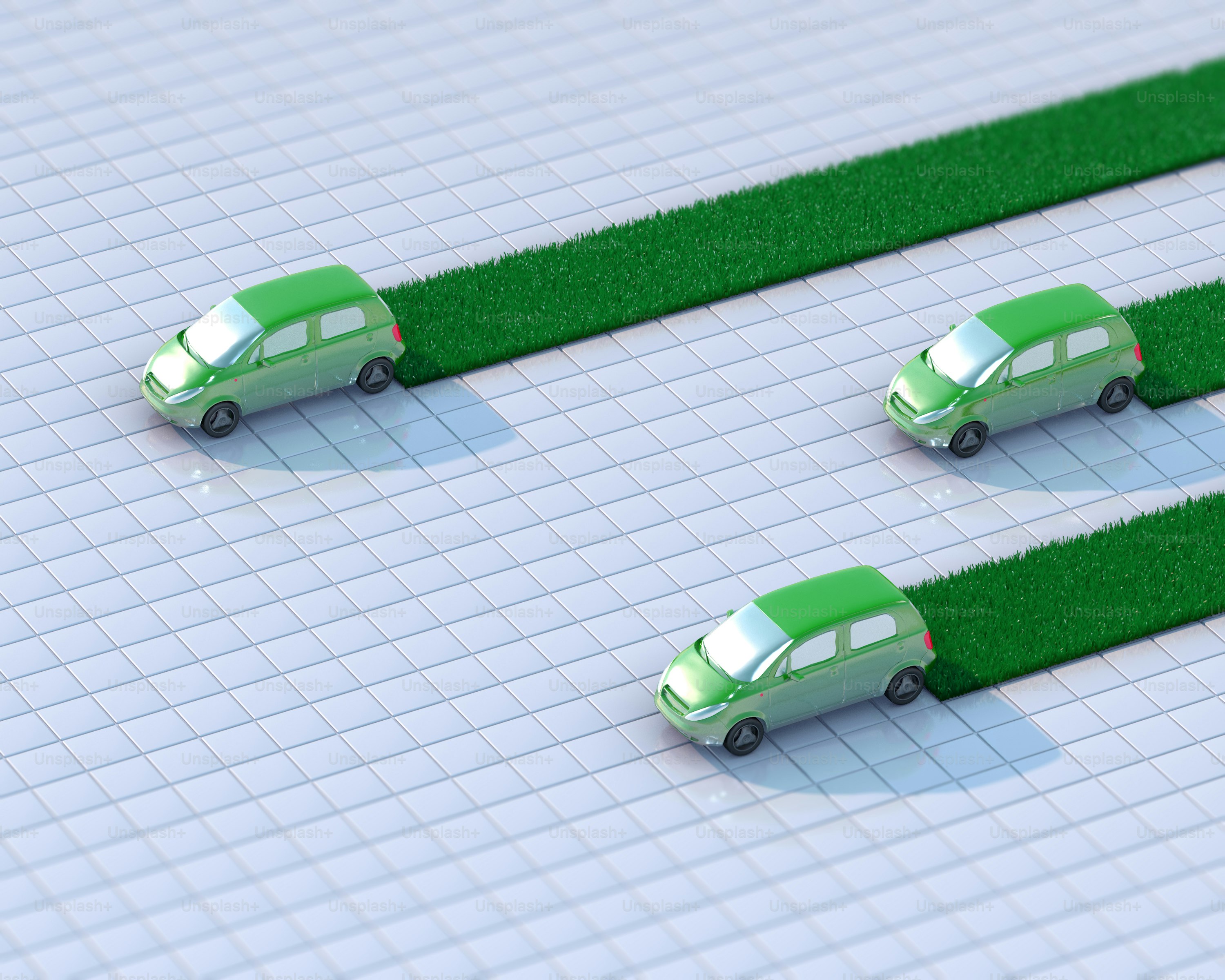 Three green cars driving on a road with grass photo – Sustainability ...