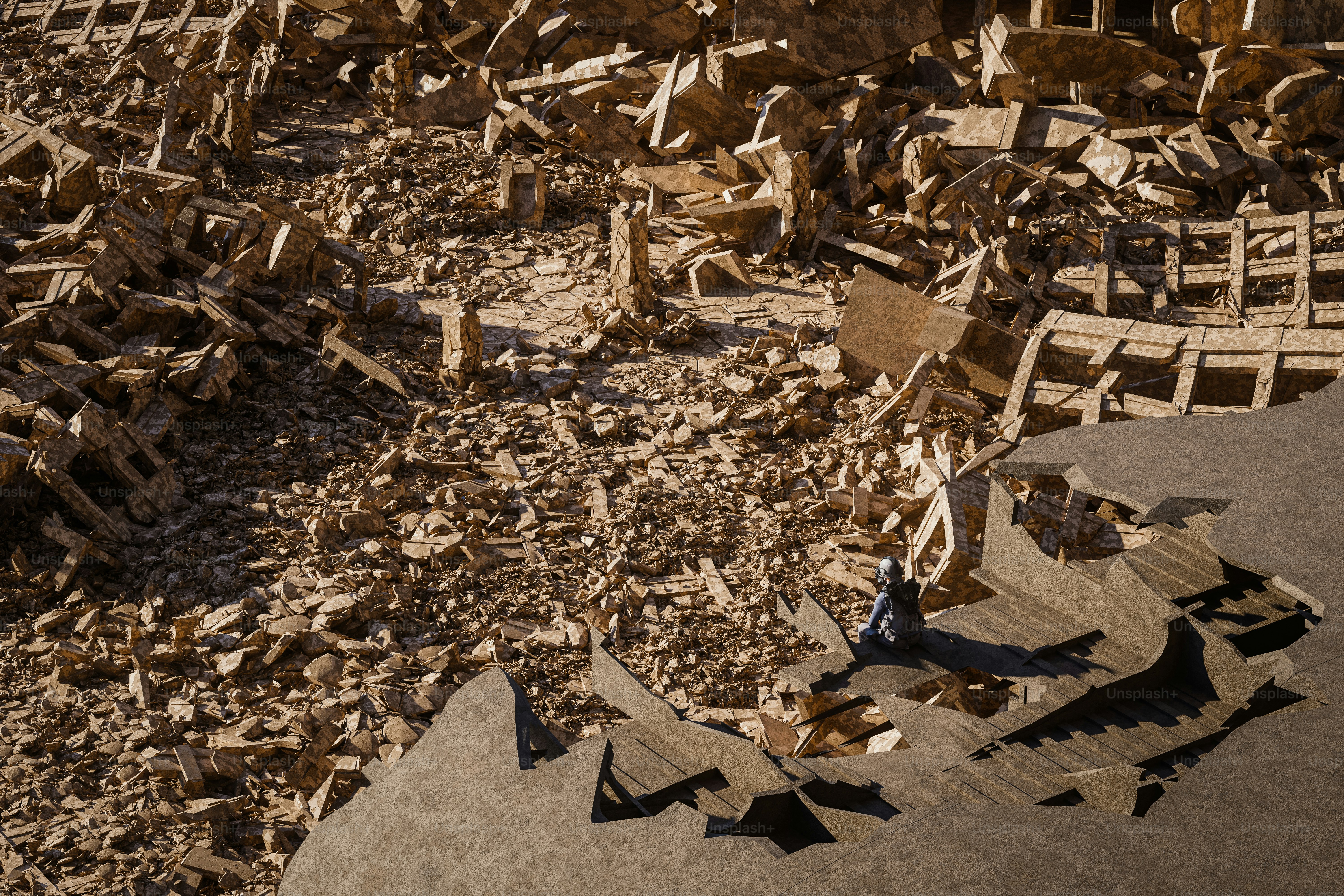 A pile of rubble with a person standing on top of it photo – Apocalypse ...