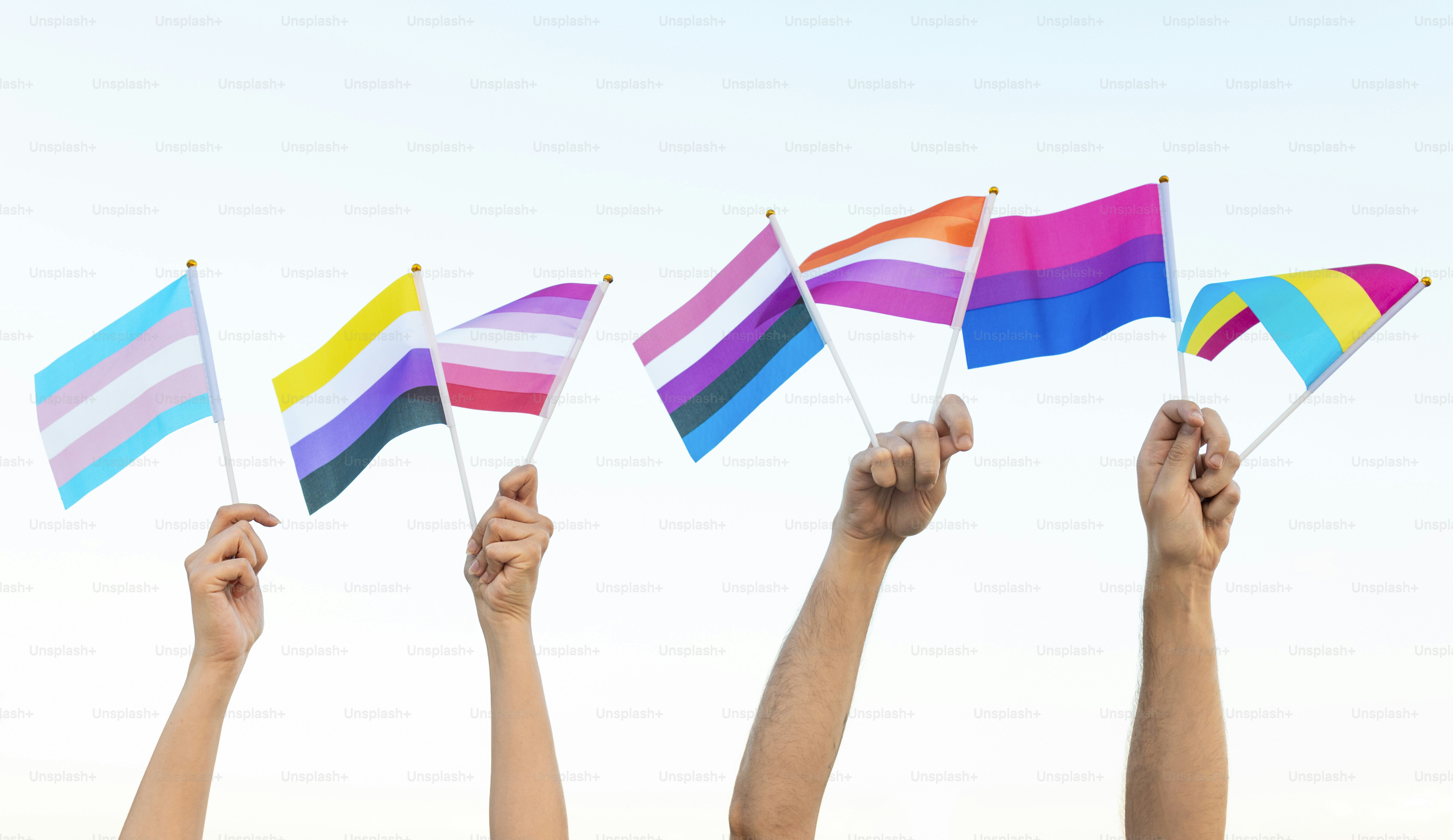 A group of people holding flags in the air photo – Pride flag Image on ...
