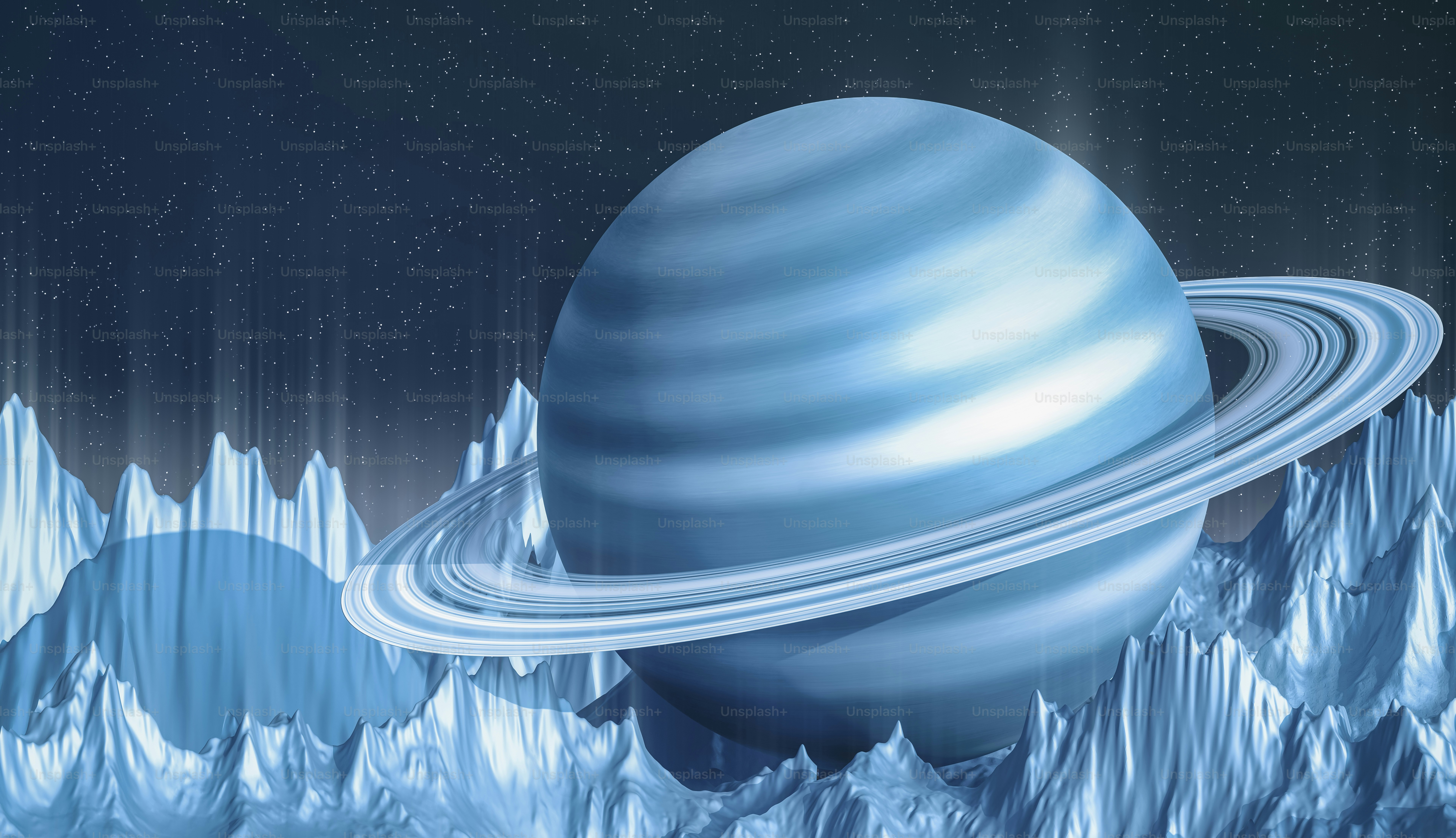 A digital painting of the planet saturn with mountains in the ...