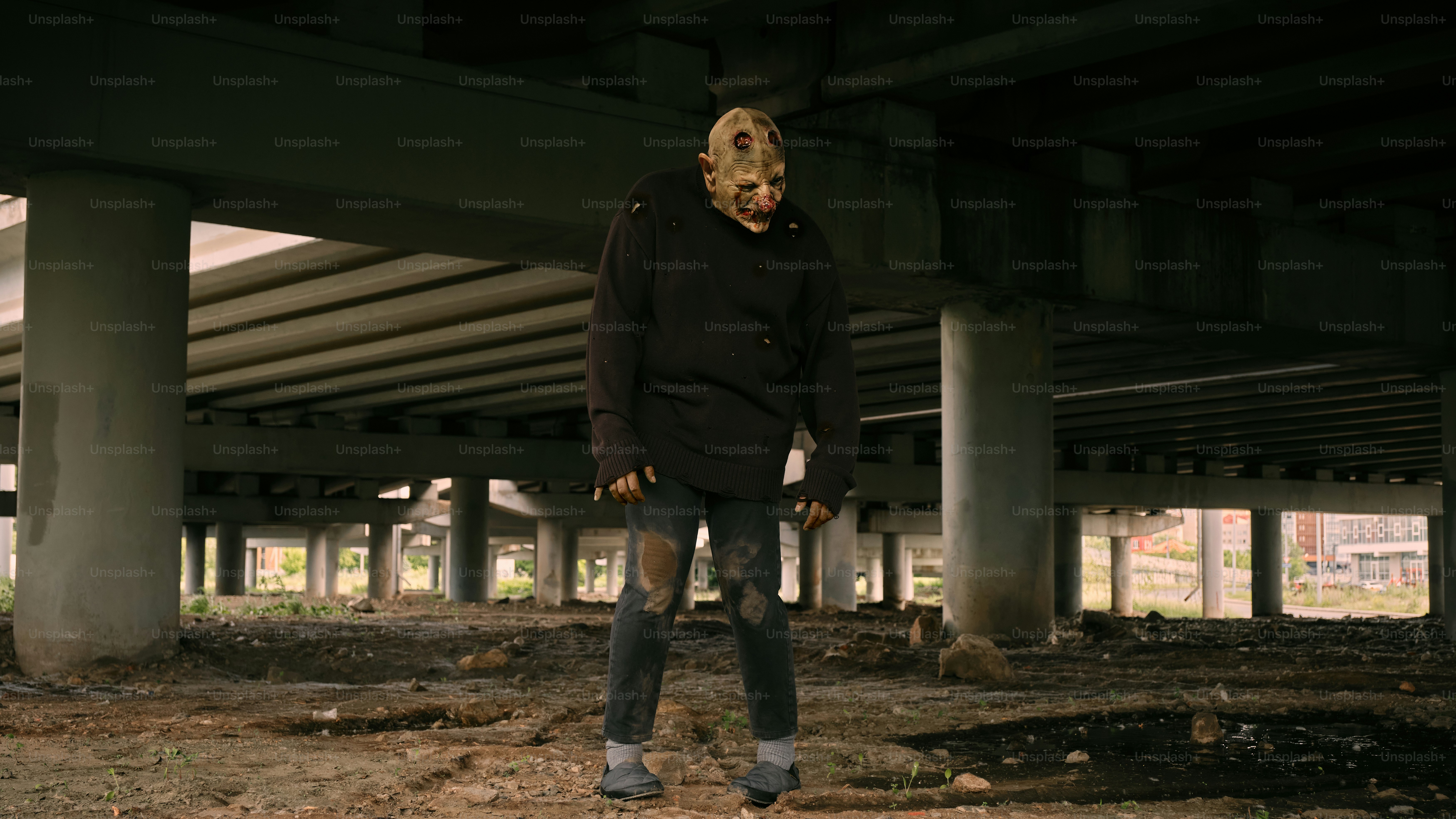 A man wearing a mask standing under a bridge photo – Zombie apocalypse ...
