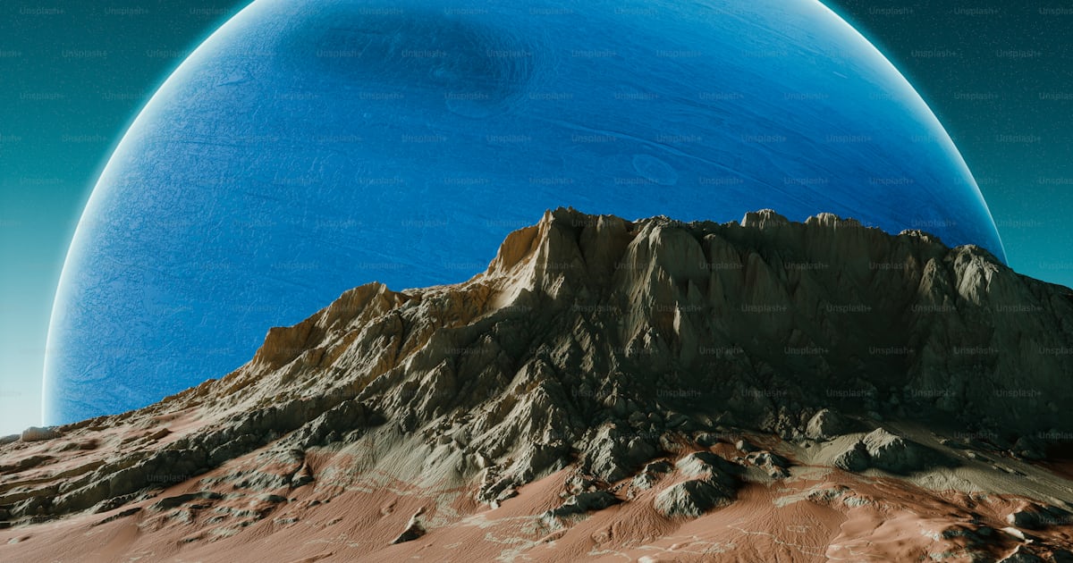 前景に山がある惑星を描いたアーティストのレンダリングの写真 Unsplashの3 D レンダリングの画像