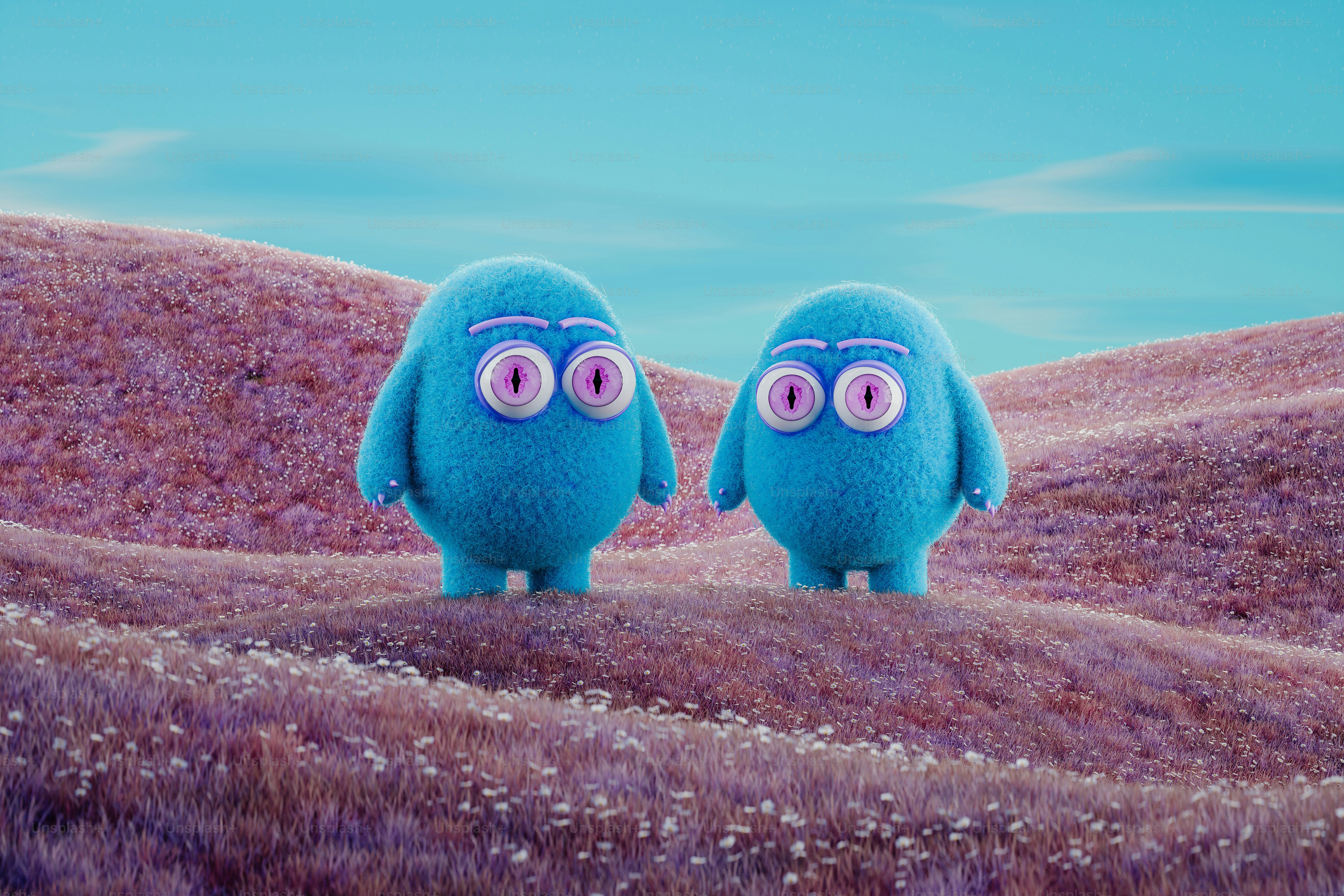 A couple of blue monsters standing on top of a hill photo – Alien Image ...