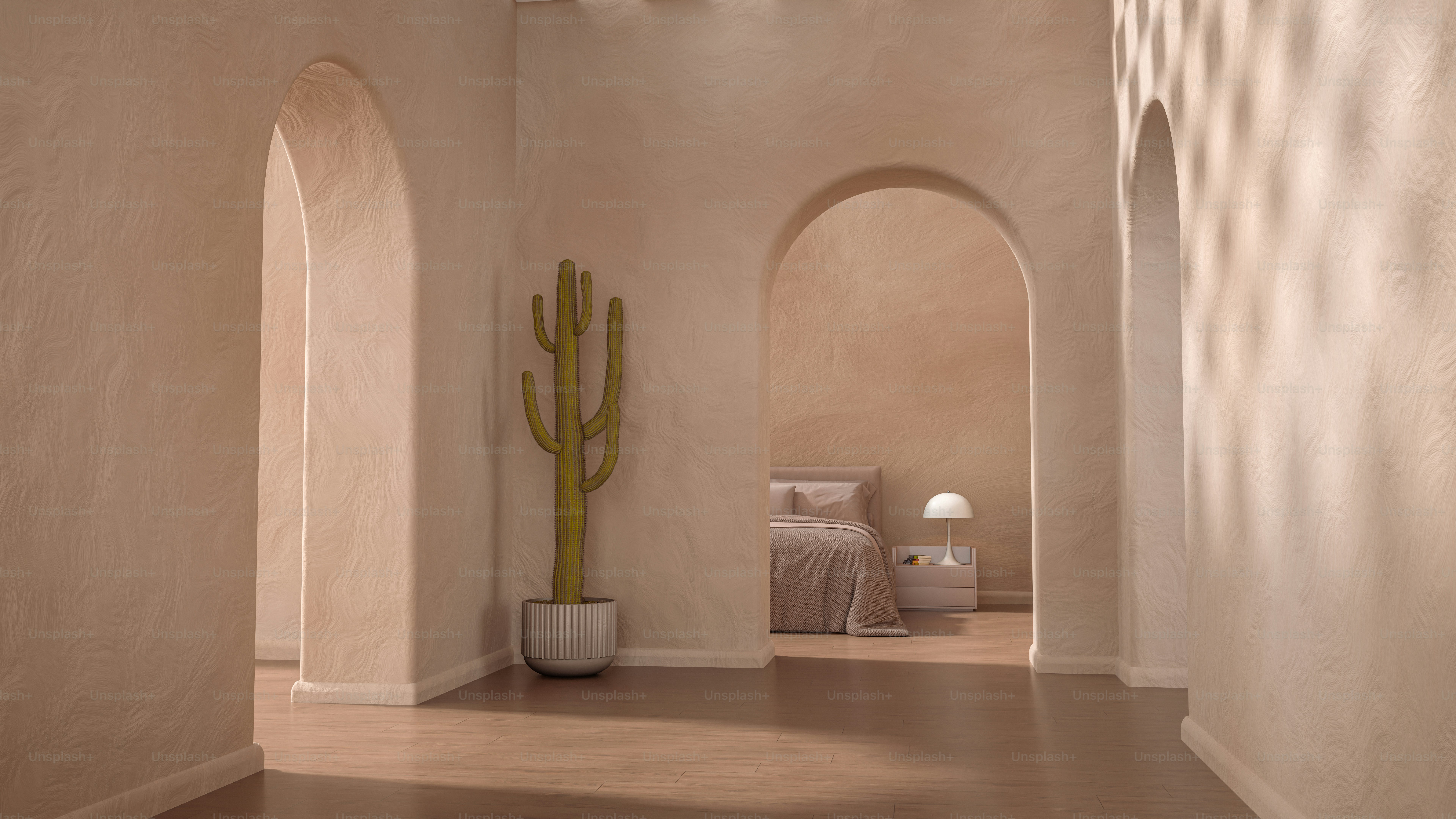 A long hallway with arches and a cactus in the corner photo ...