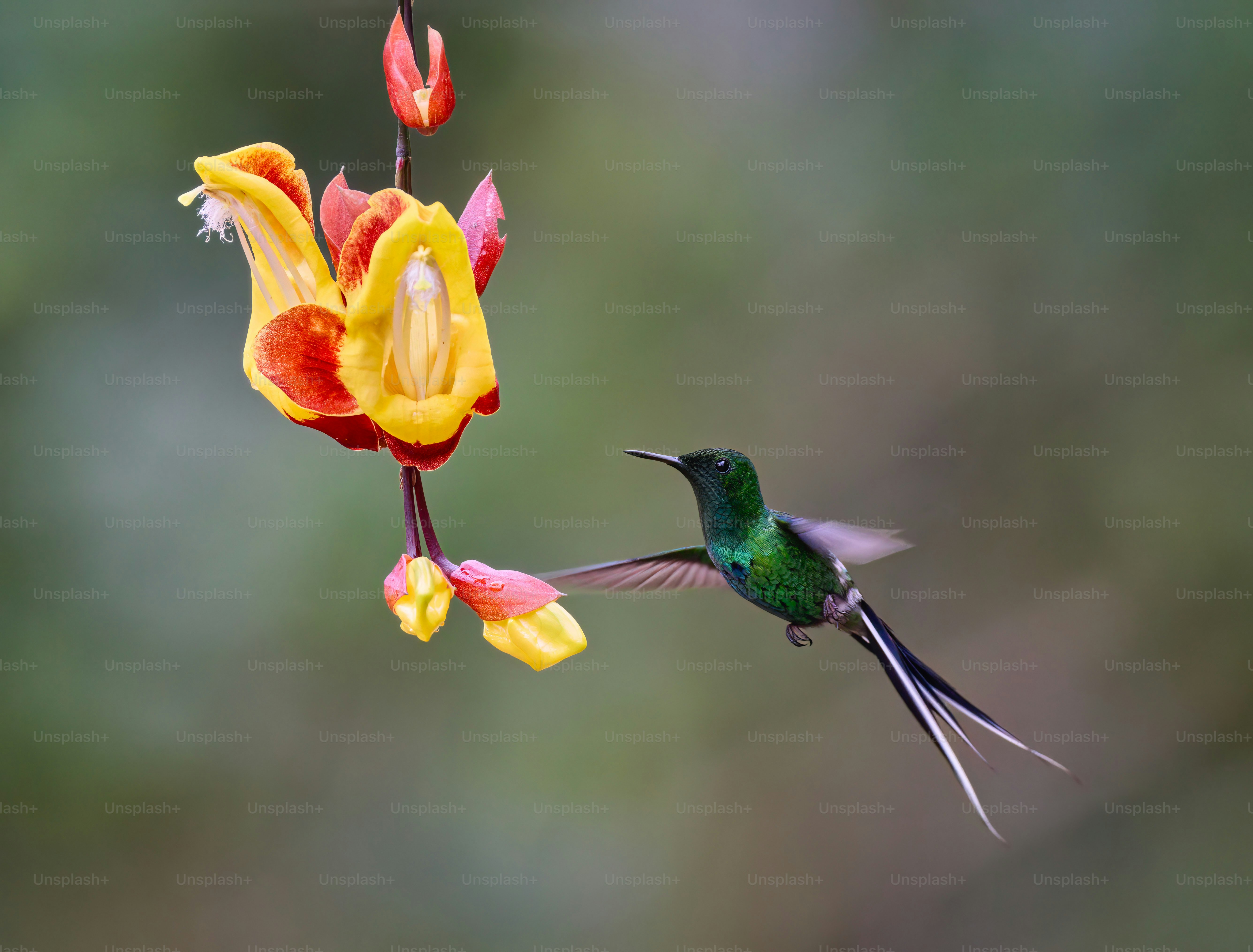 Un colibrí volando junto a una flor amarilla y roja foto – Imagen de ...