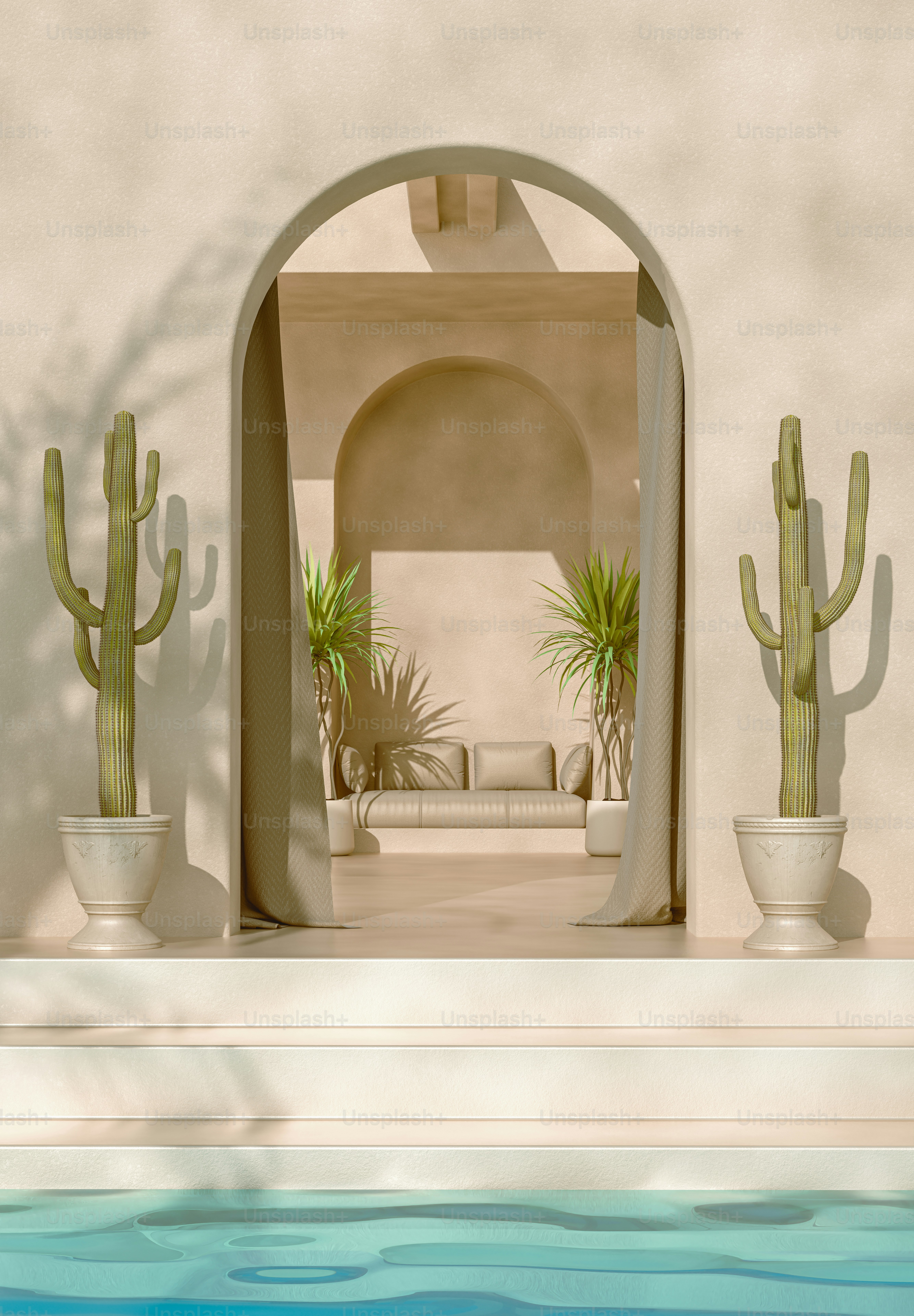 A pool with a cactus in it next to a building photo – 3d Image on Unsplash