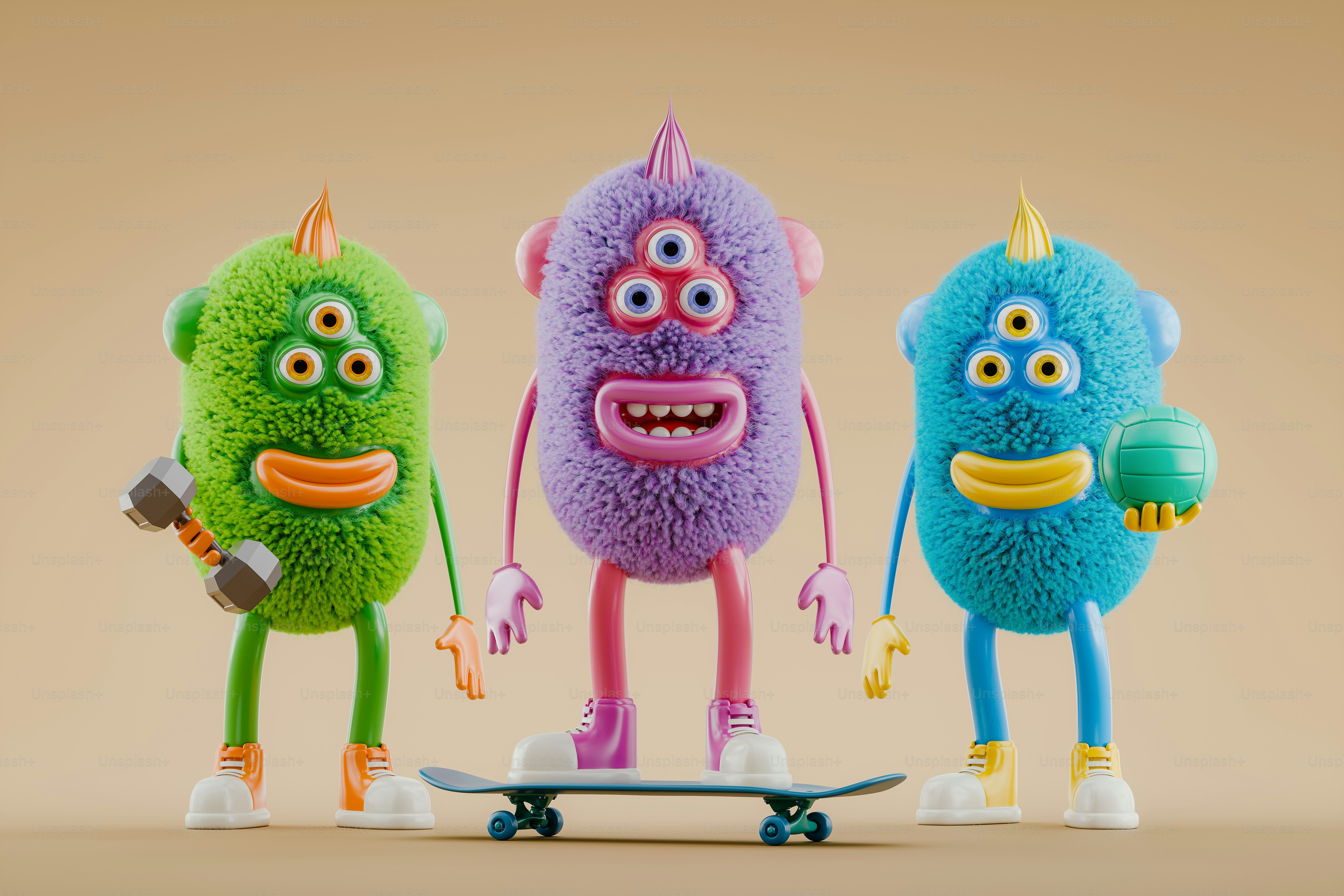 A group of three toy monsters standing next to each other photo ...