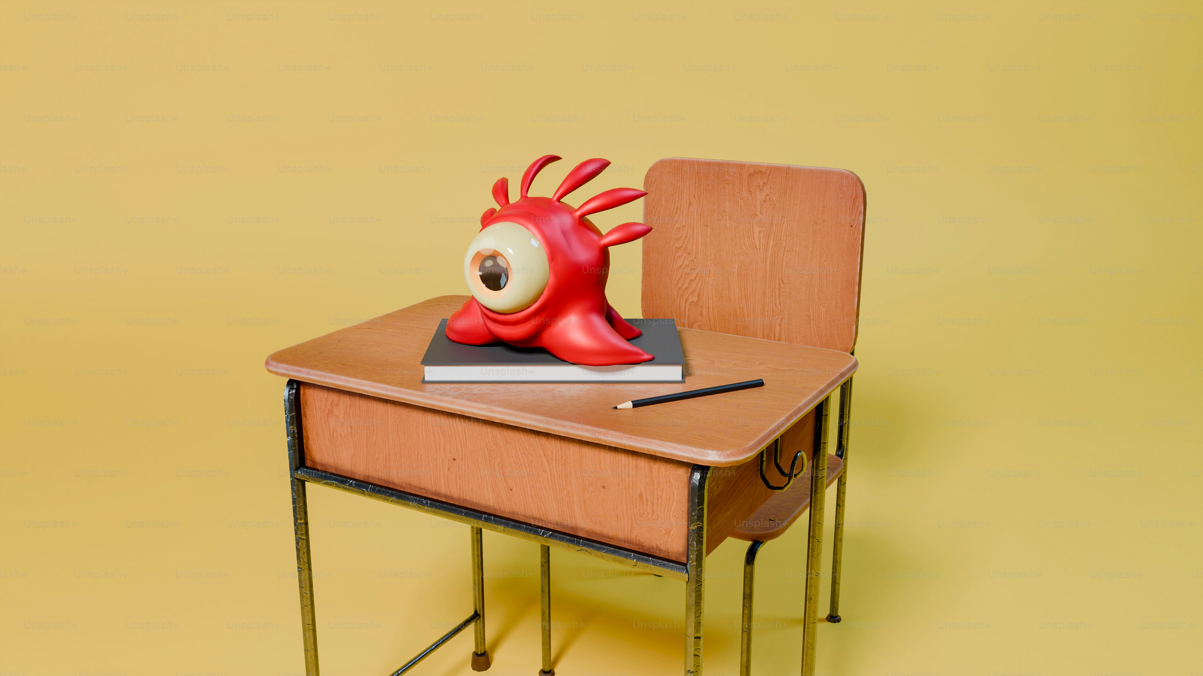 A desk with a red monster head on top of it photo – Classroom Image on ...