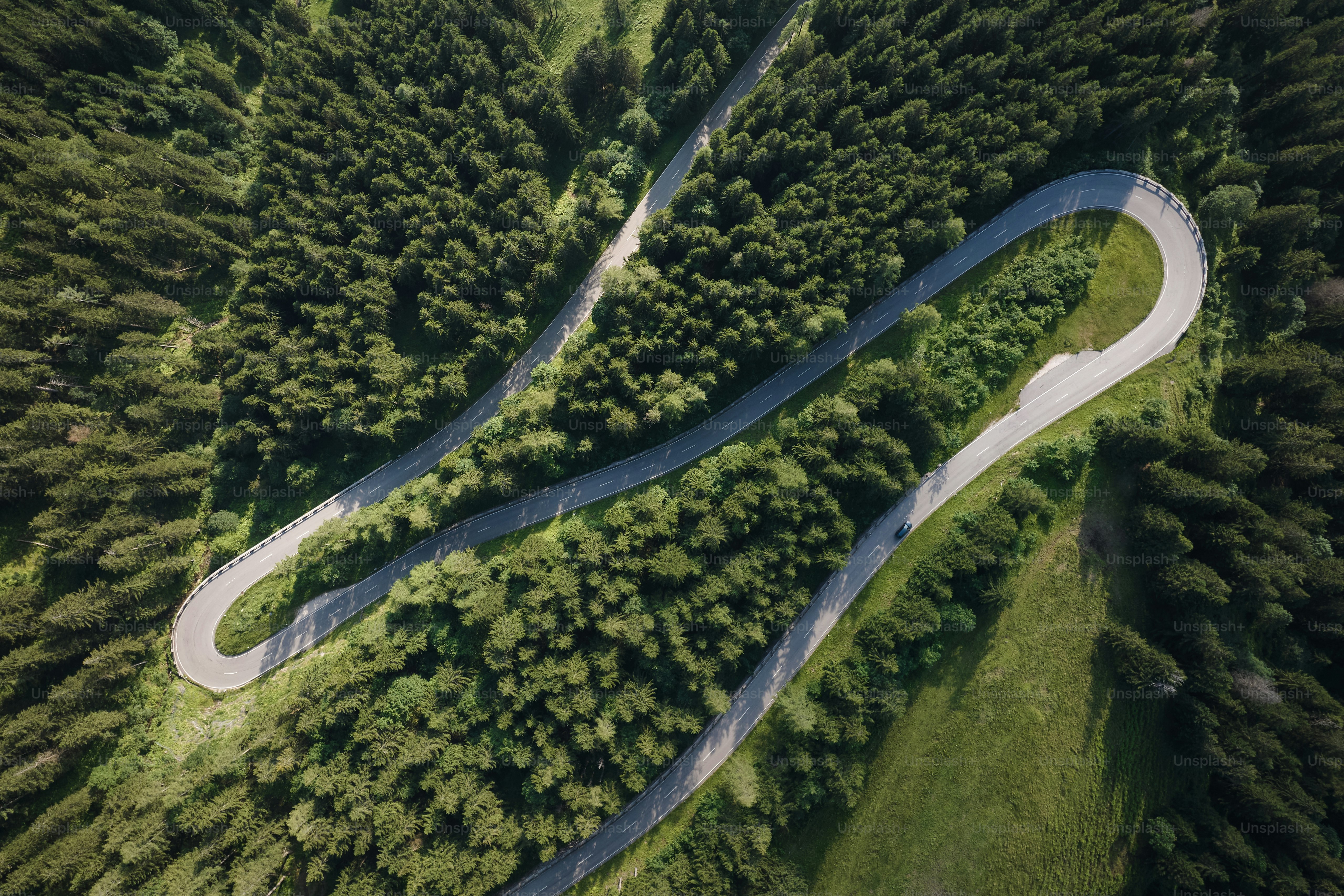 An aerial view of a winding road in the middle of a forest photo ...