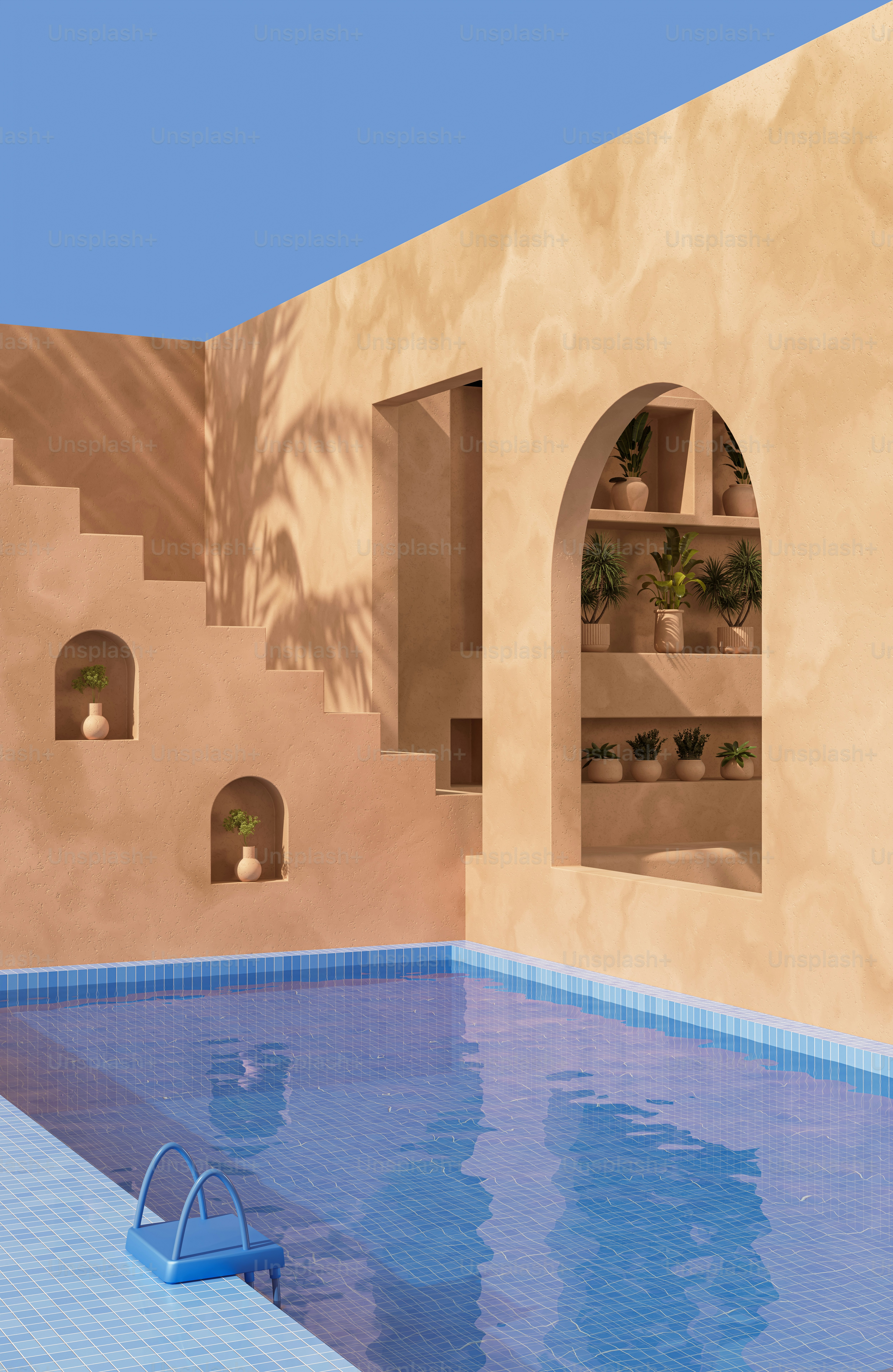 A large swimming pool with a blue tiled floor photo – Archway Image on ...