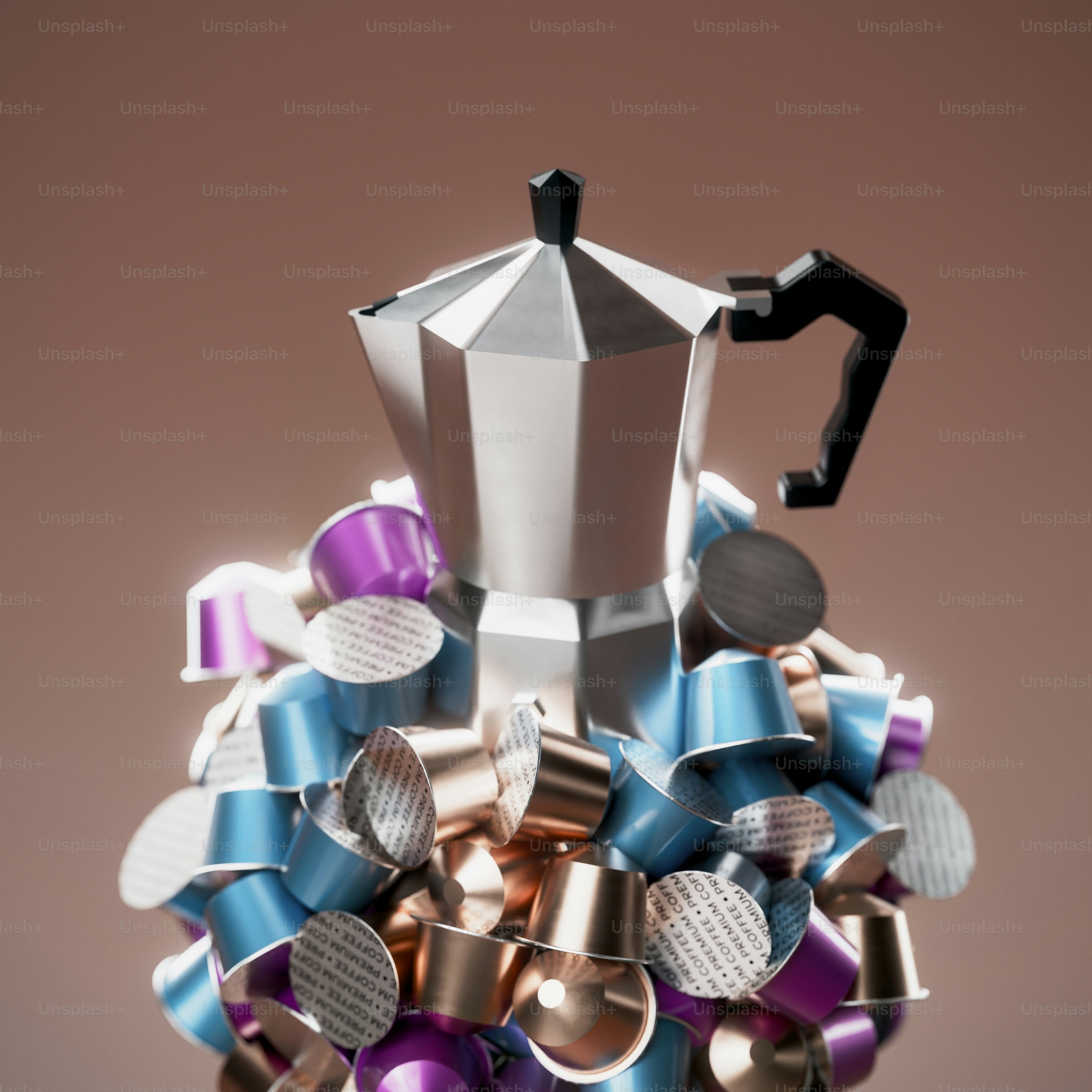 Una cafetera llena de muchos objetos de colores foto – Imagen de ...