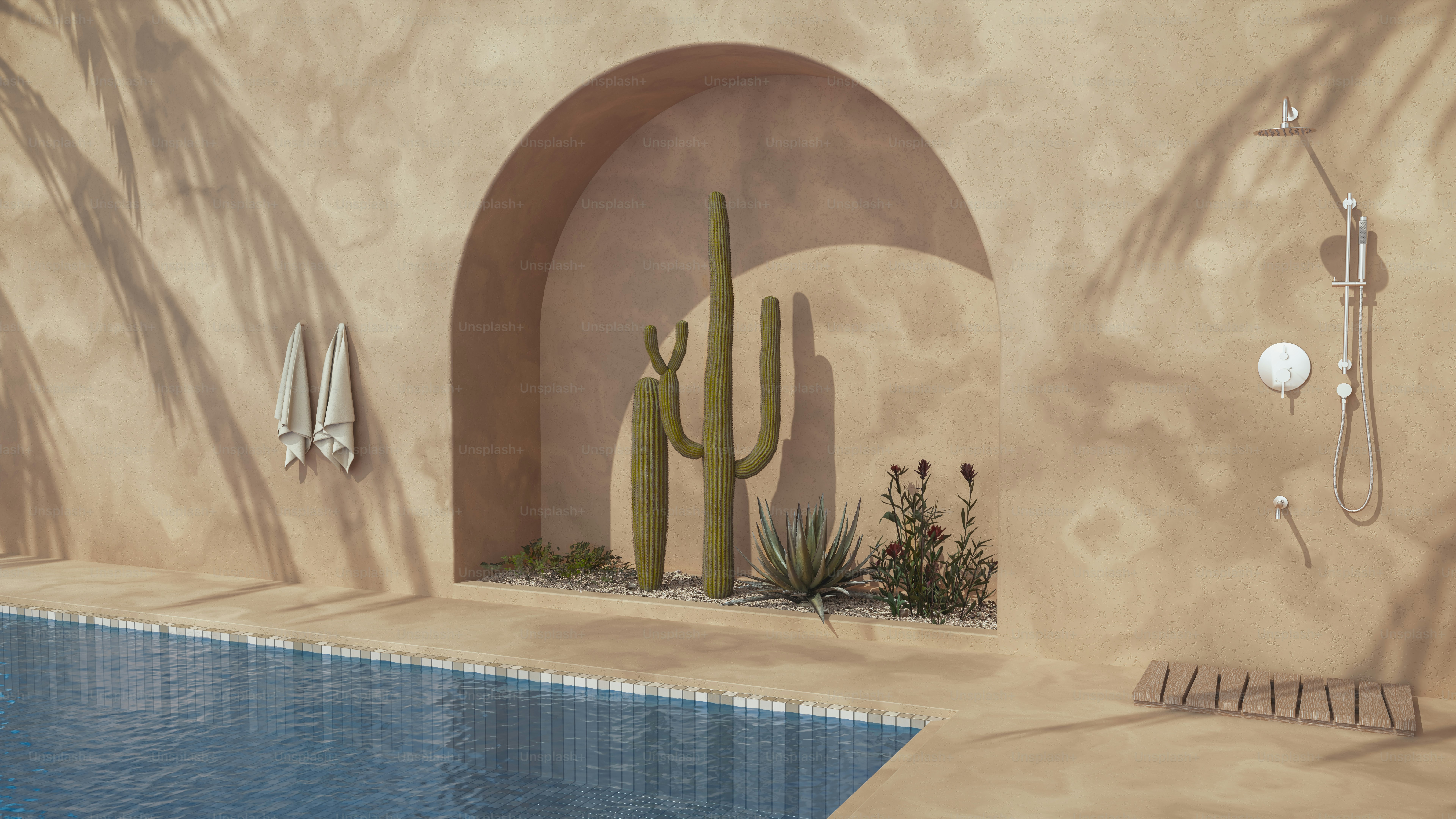 A painting of a pool with a cactus next to it photo – Marble Image on ...