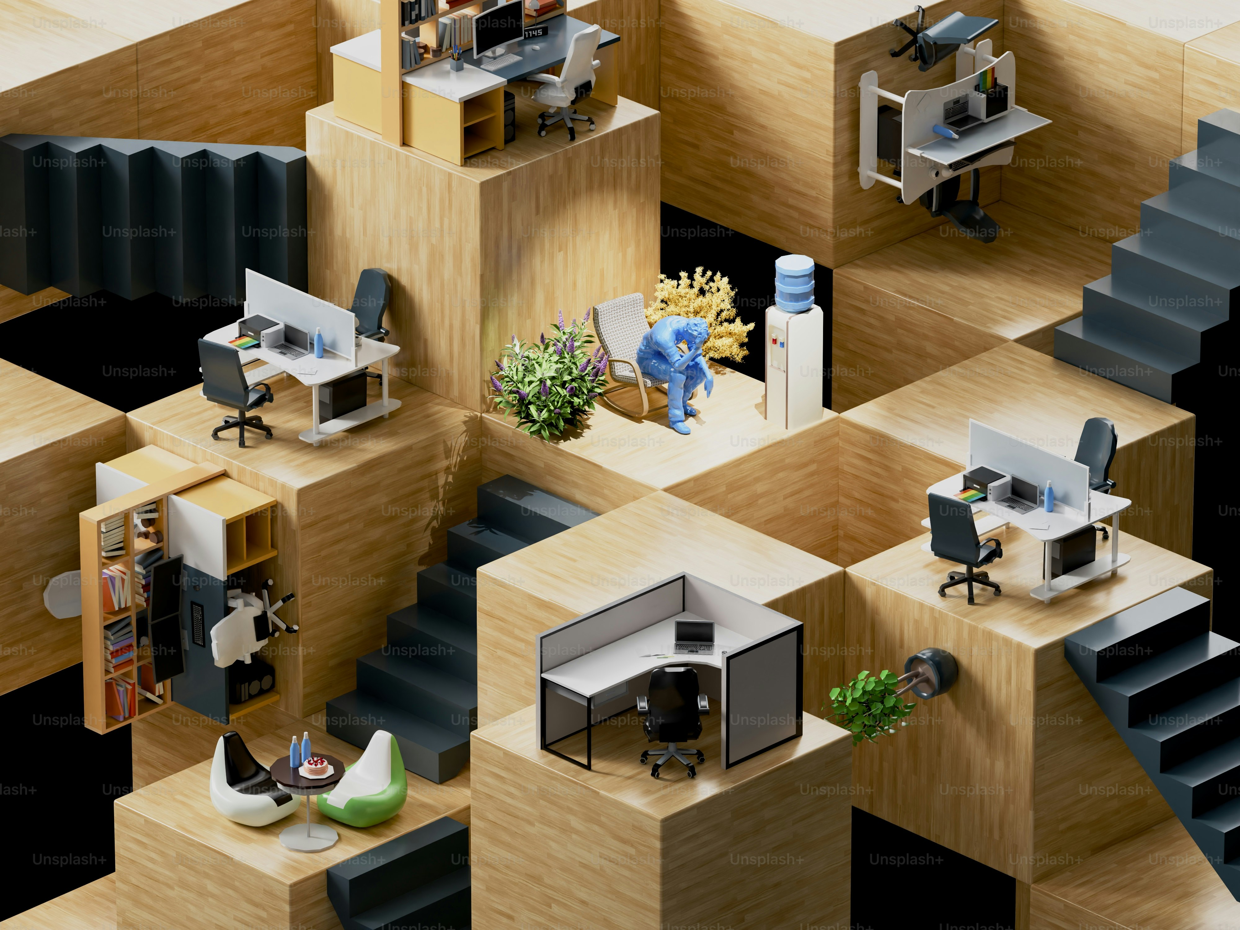 A group of office cubicles sitting on top of wooden blocks photo ...