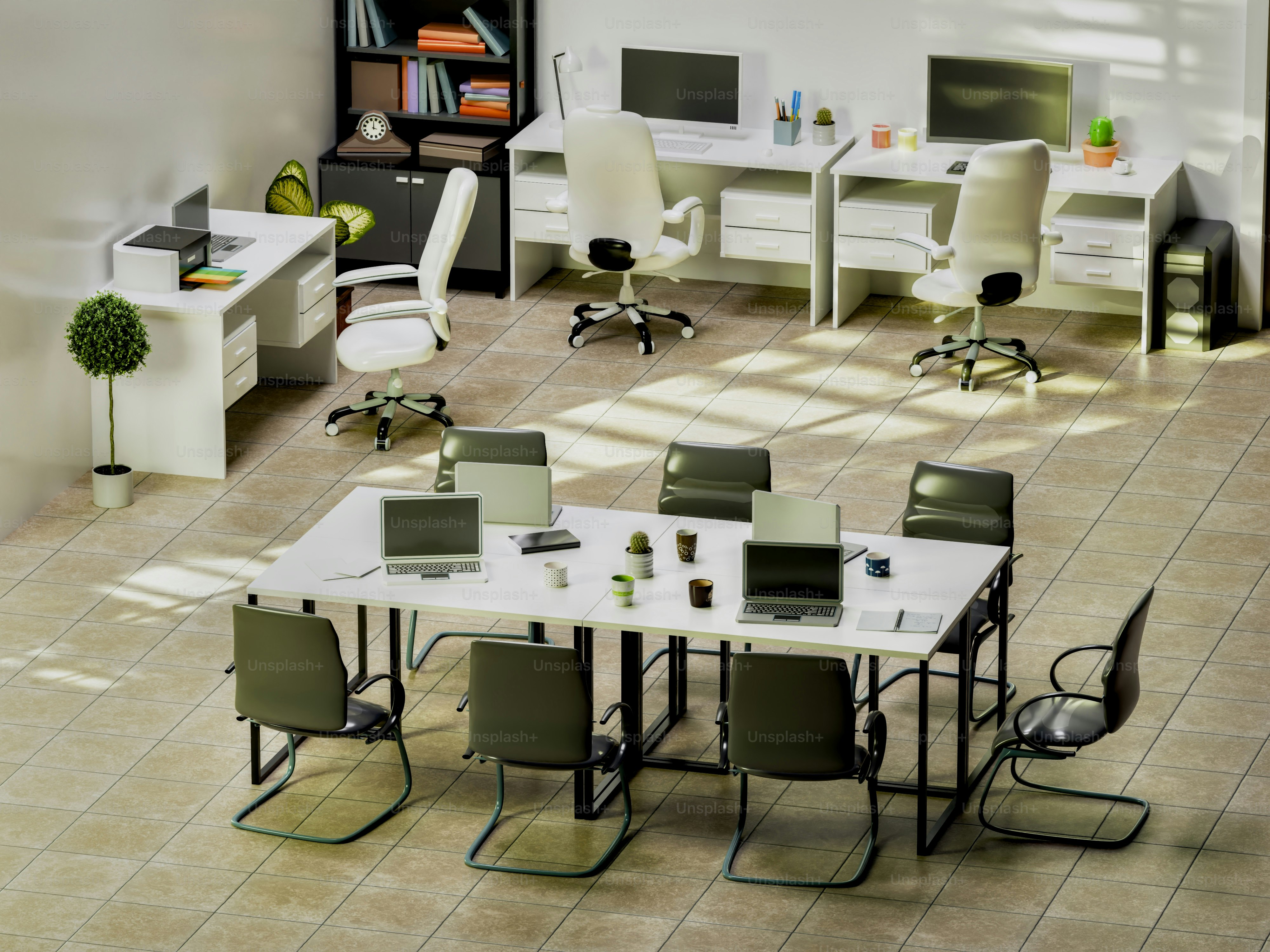 A room filled with lots of computer desks and chairs photo – Office ...