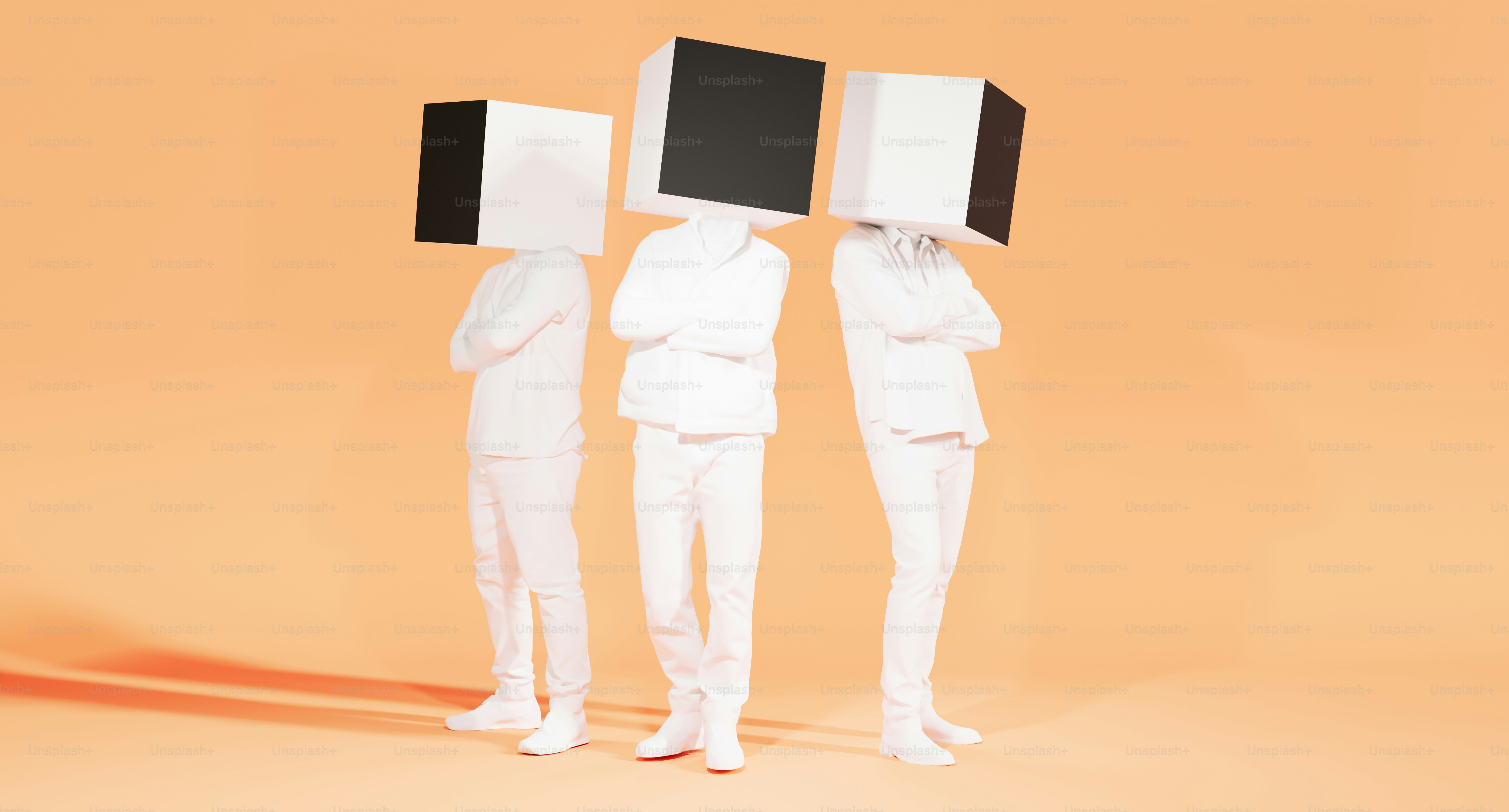Three white mannequins are standing in front of a computer monitor ...