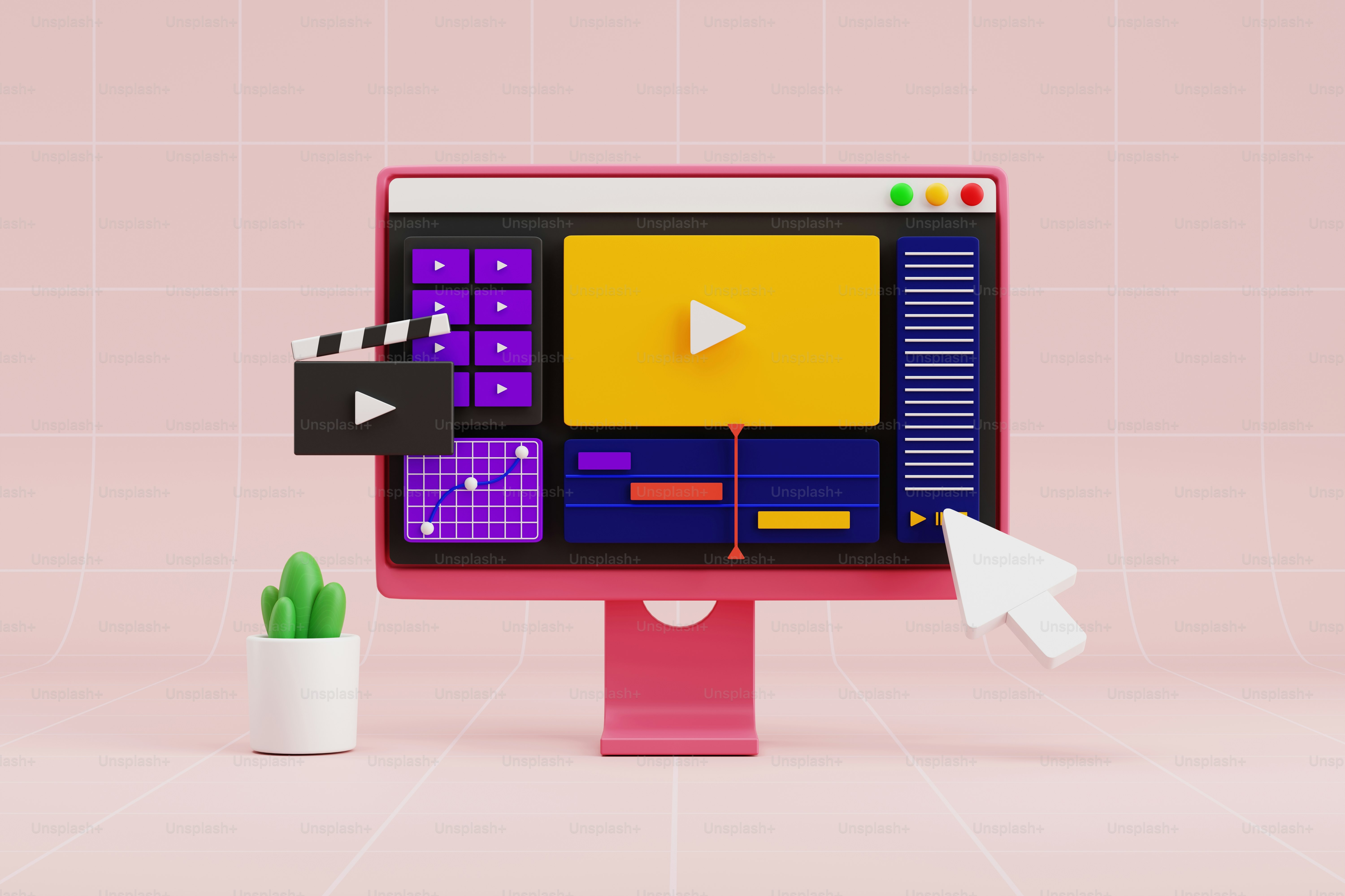 A computer screen with a video playing on it photo – 3d render Image on ...