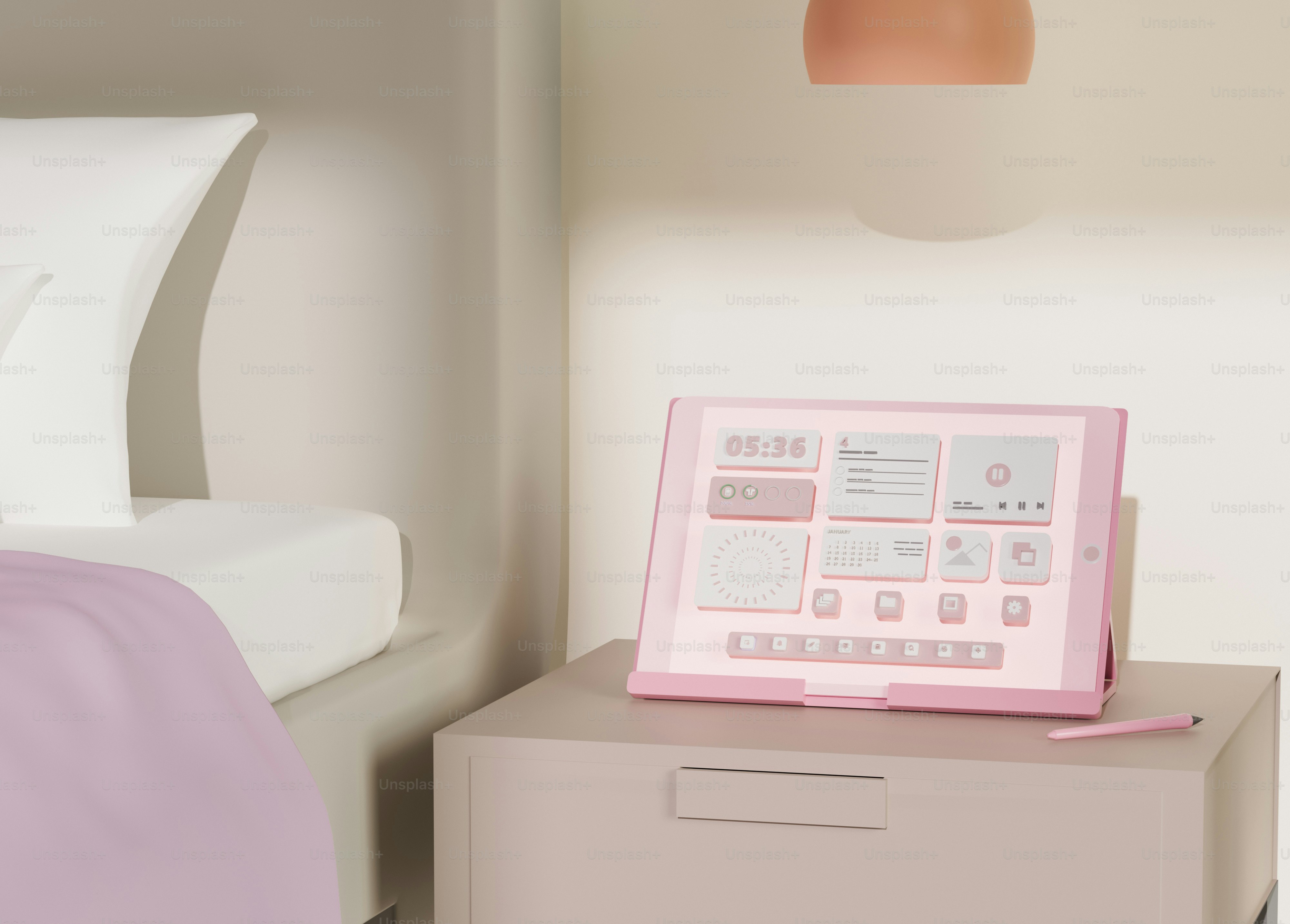 A pink electronic device sitting on top of a nightstand photo – Social ...