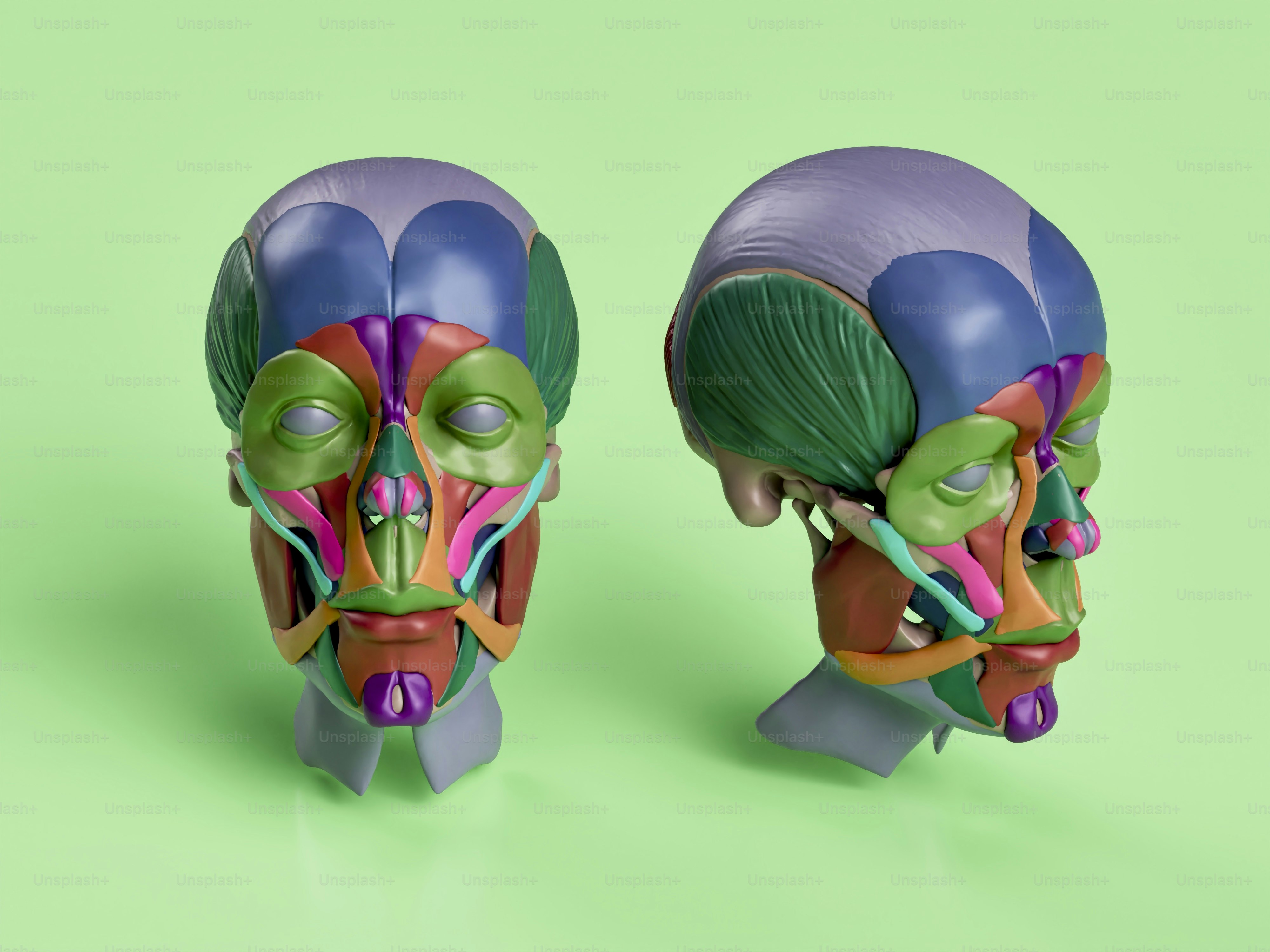 A couple of toy heads sitting on top of a green surface photo – Digital ...