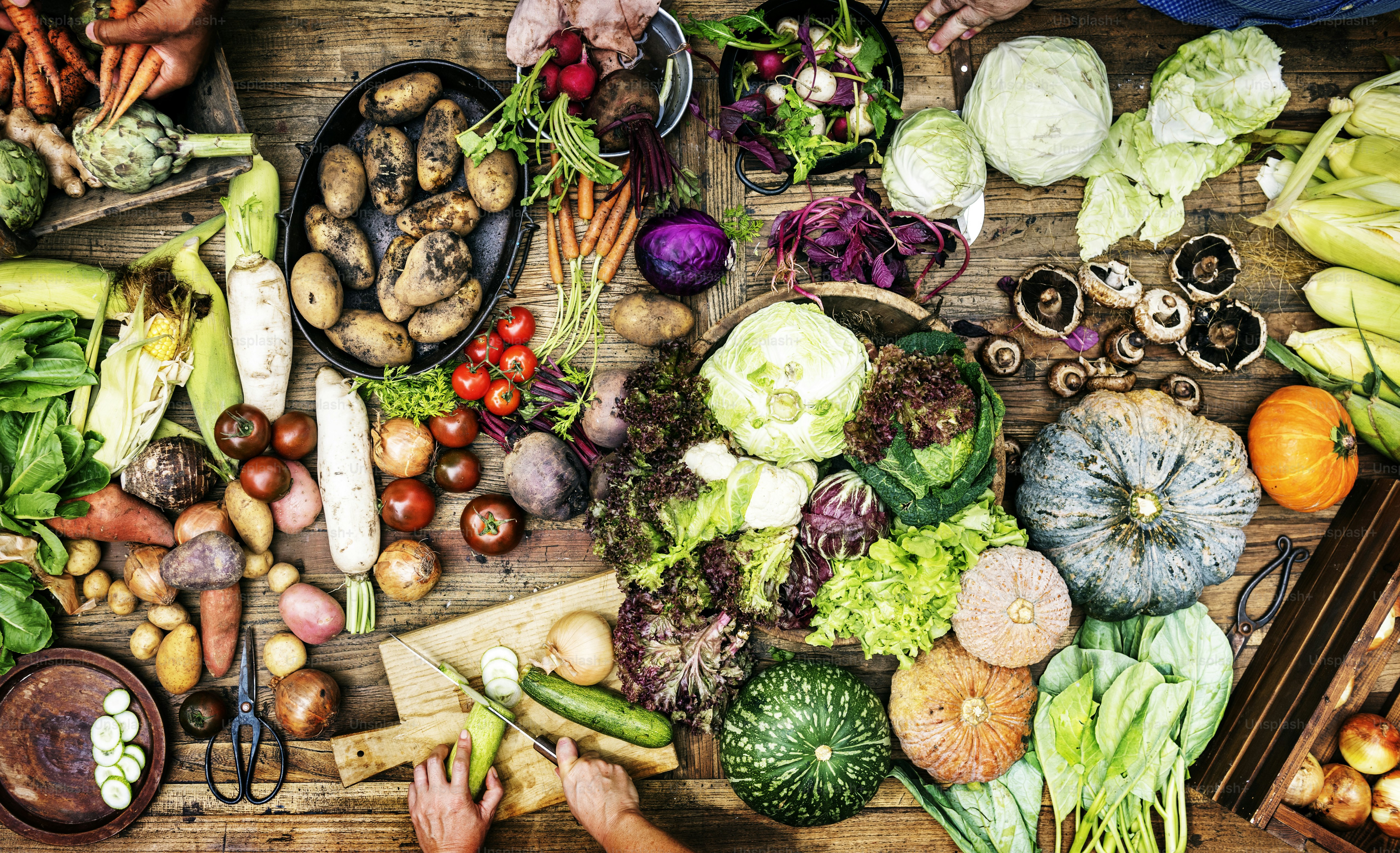 Aerial view of fresh organic various vegetable on wooden table photo ...
