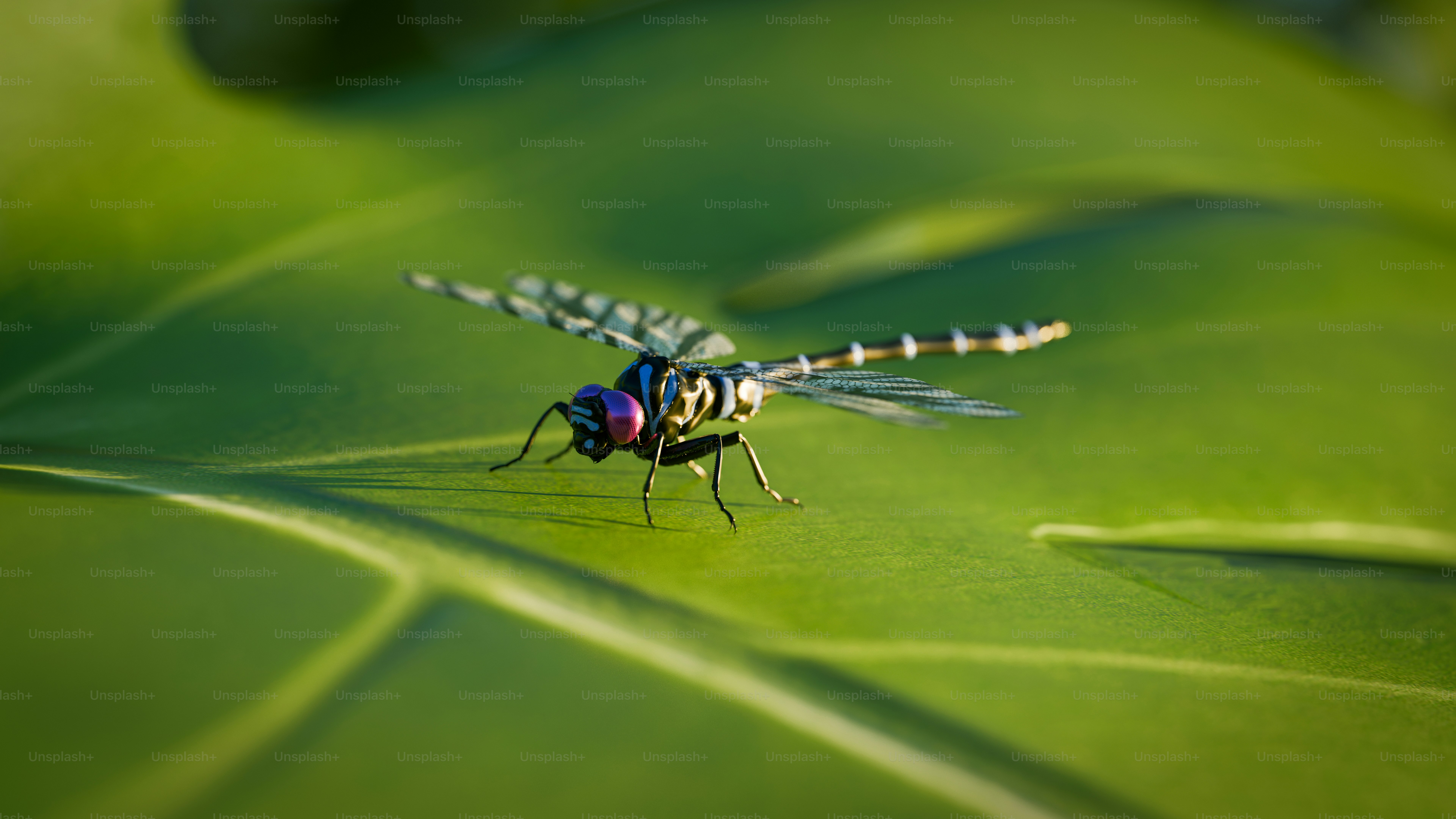 A green dragonfly sitting on top of a leaf photo – Digital image Image ...