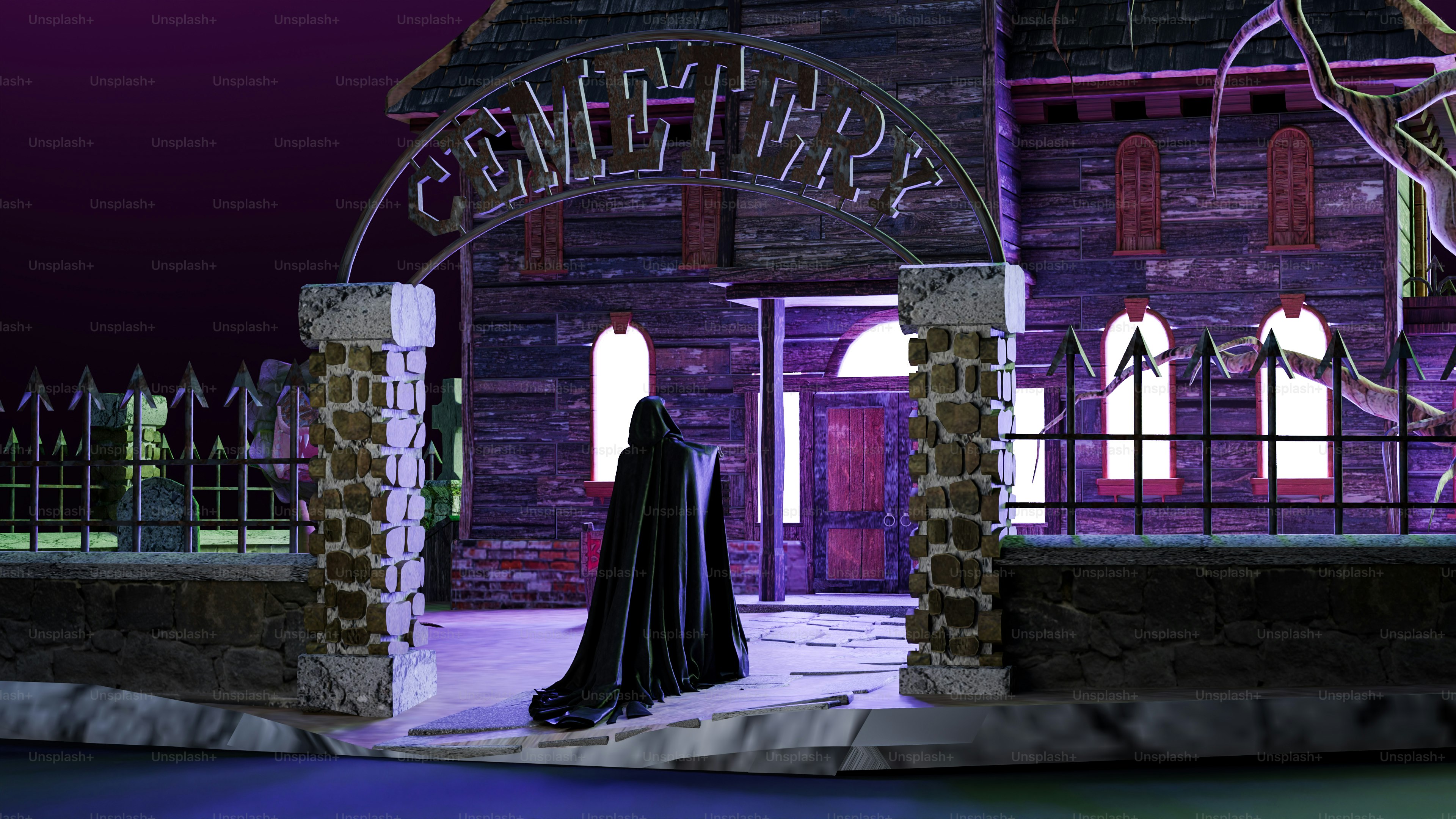 A ghost standing in front of a building at night photo – Halloween ...