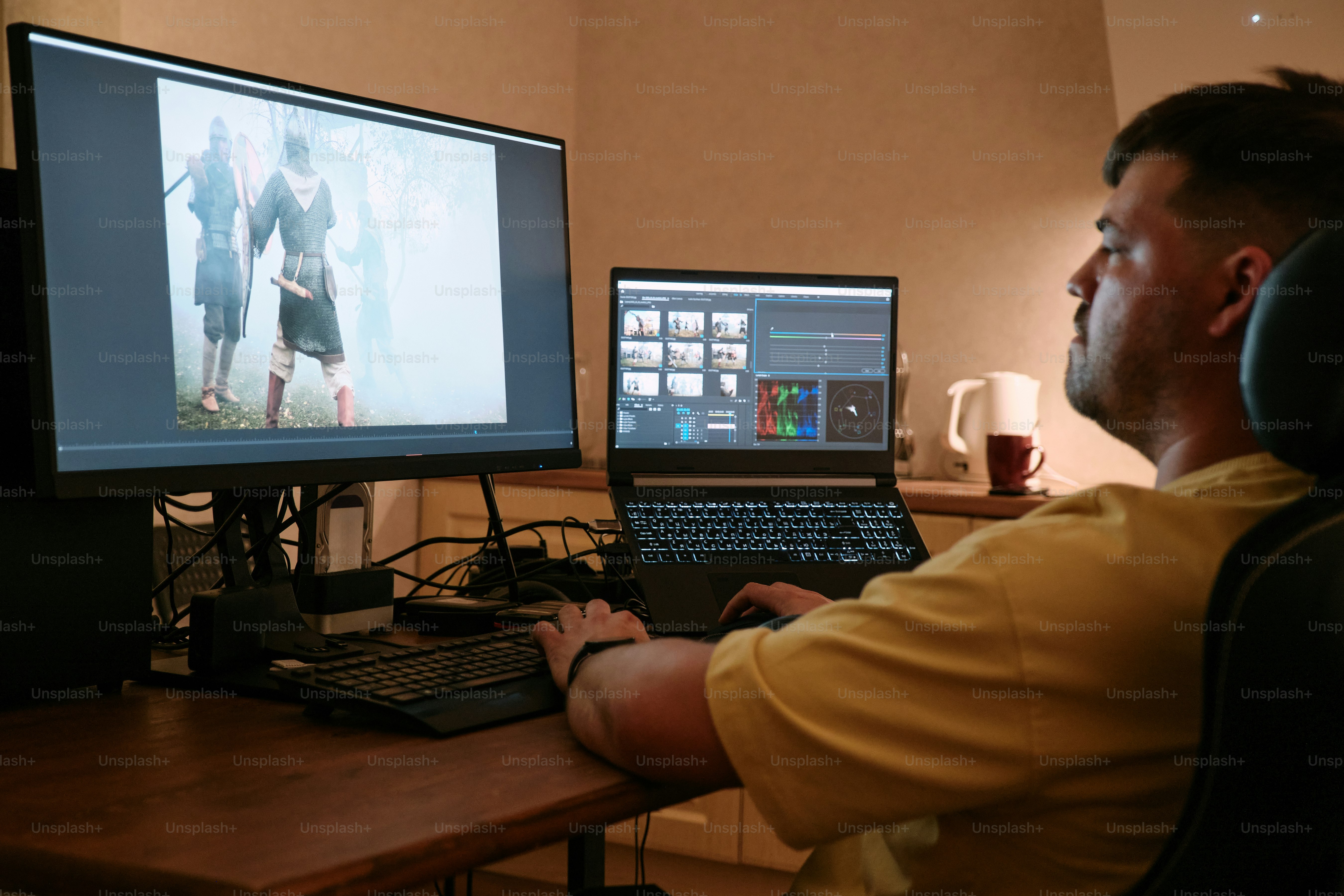 A man sitting in front of a computer monitor photo – Multiple screens ...
