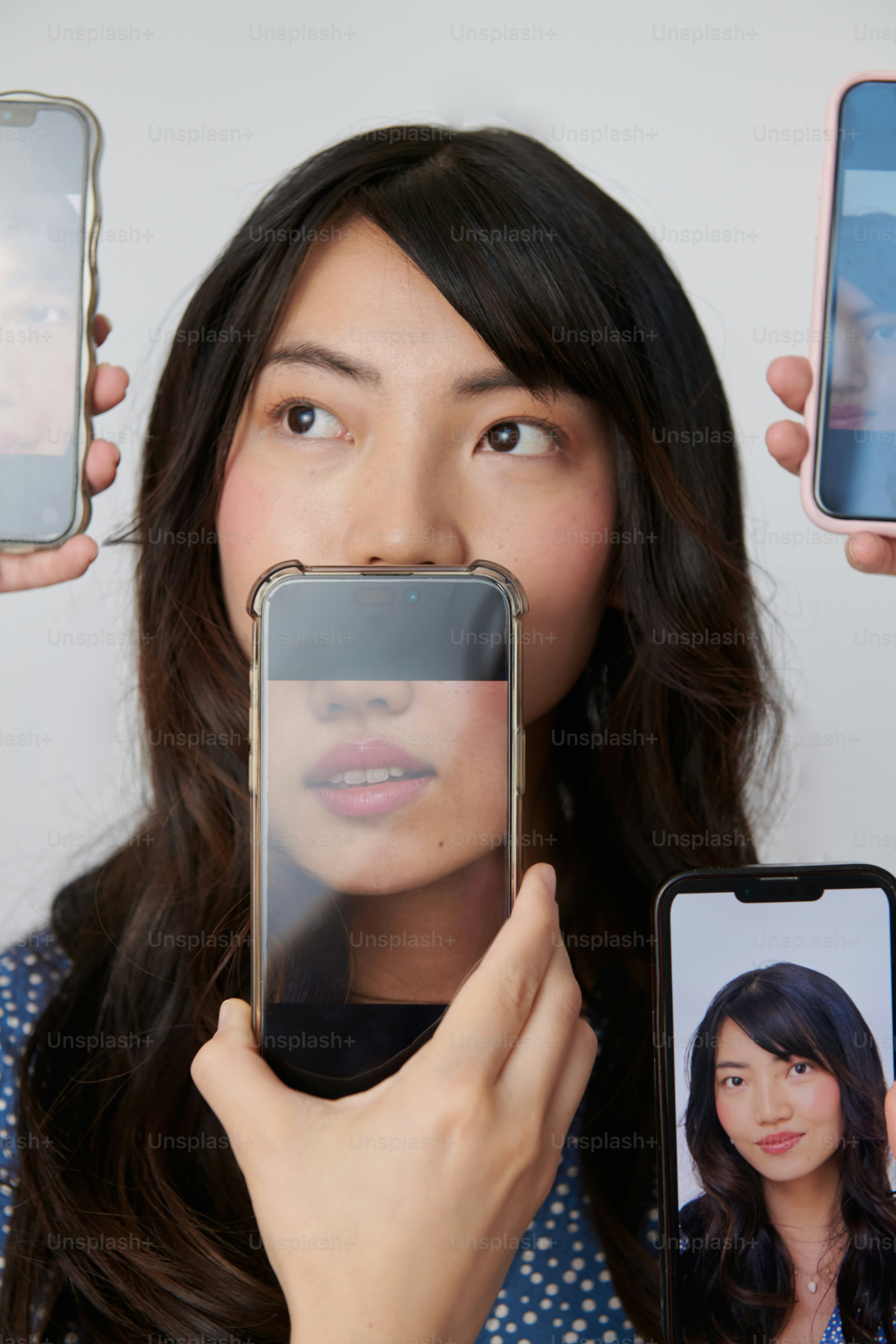 Una mujer sosteniendo dos teléfonos celulares y un teléfono celular con ...