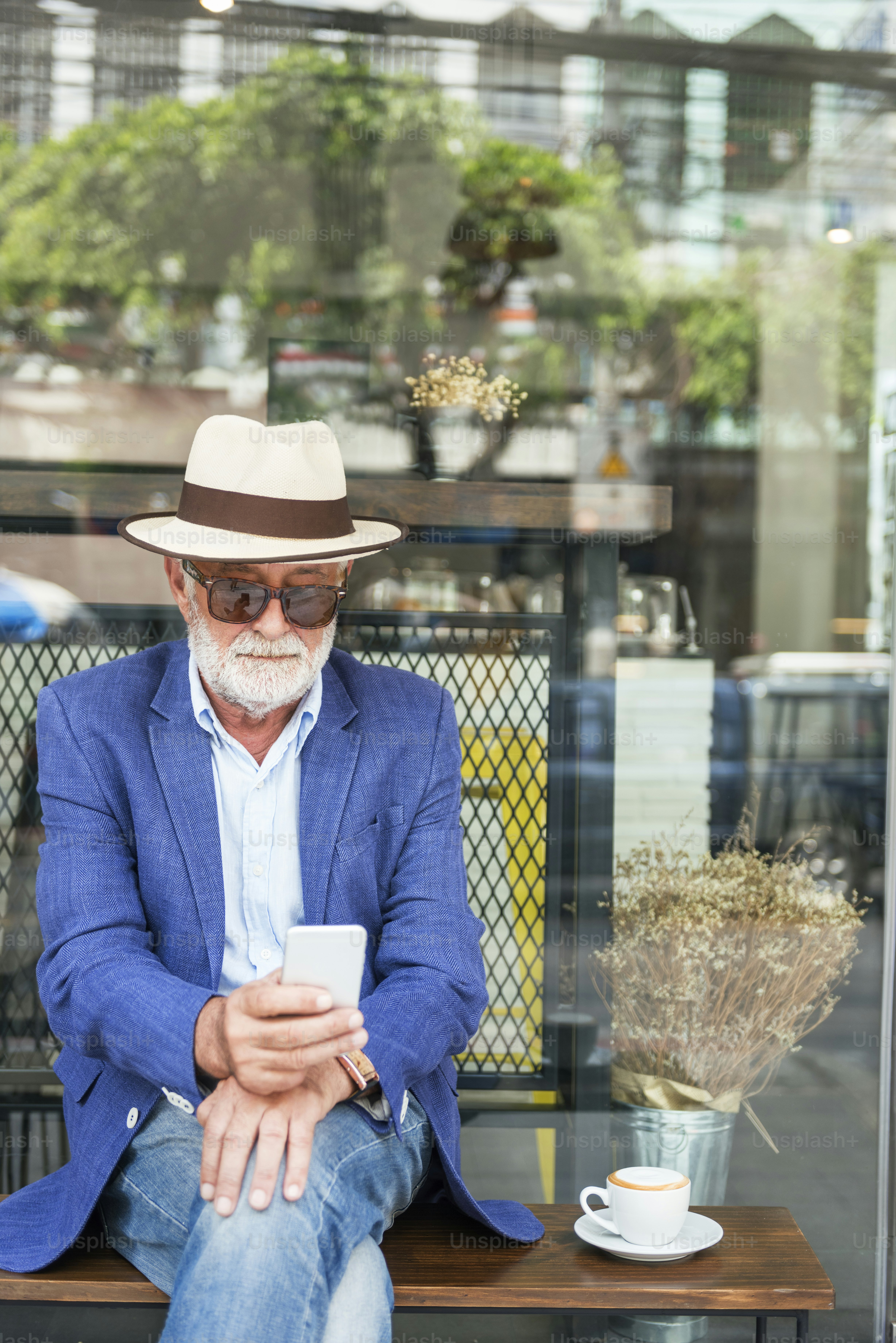 Senior Man Coffee Shop Communication Connection Technology Concept ...