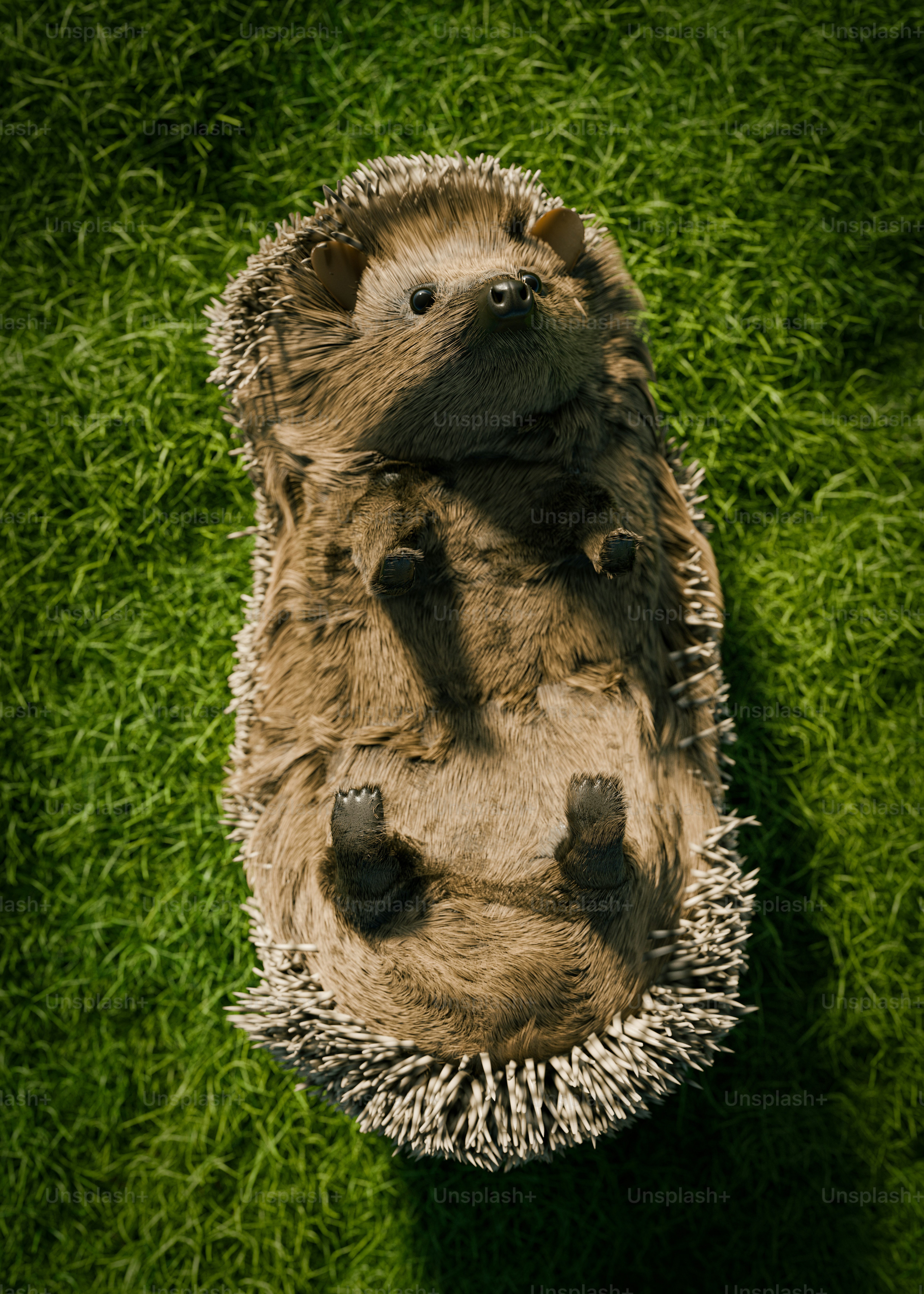 An overhead view of a hedgehog laying in the grass photo – Digital ...