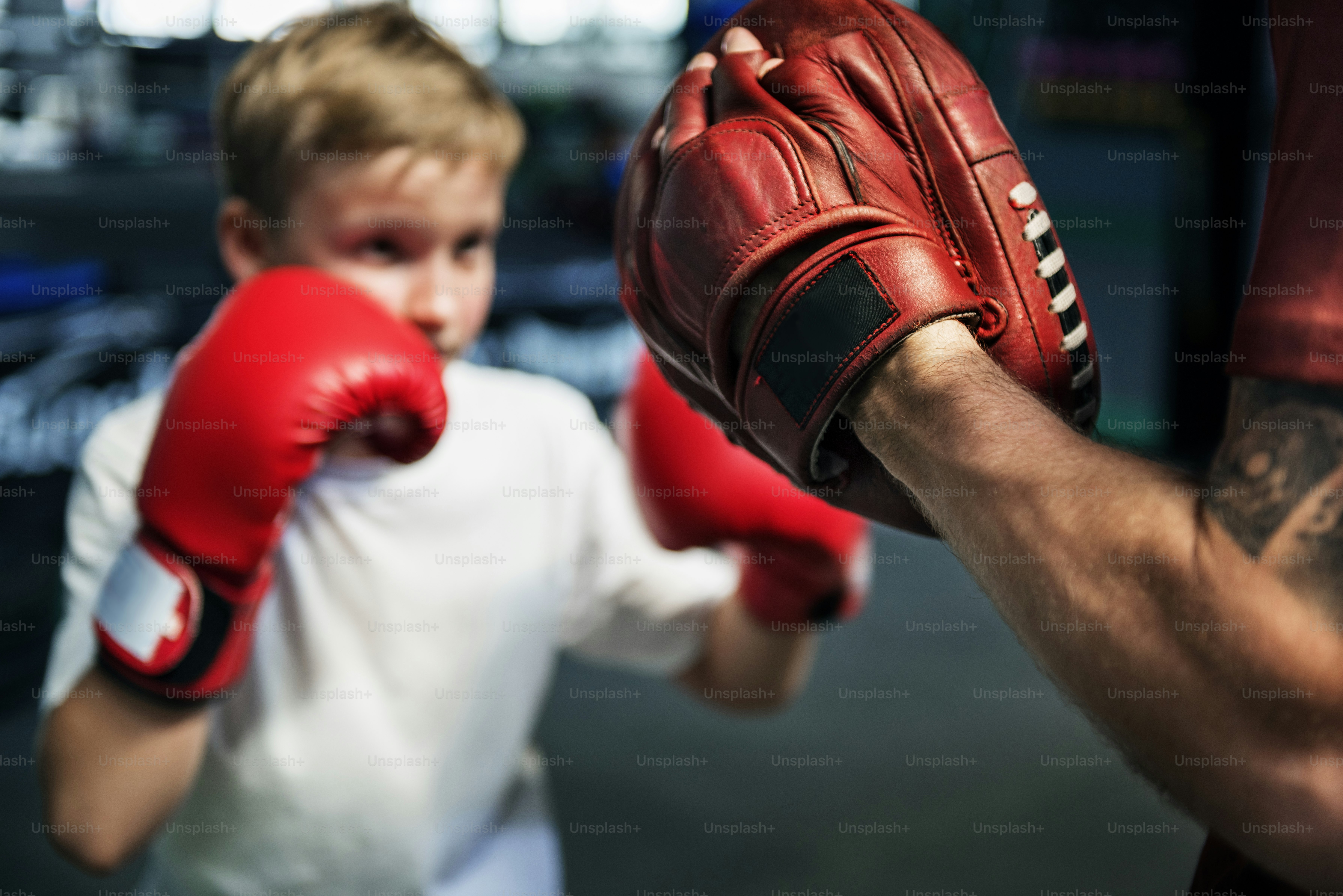 Boy Boxing Training Punch Mitts Exercise Concept photo – Photography ...