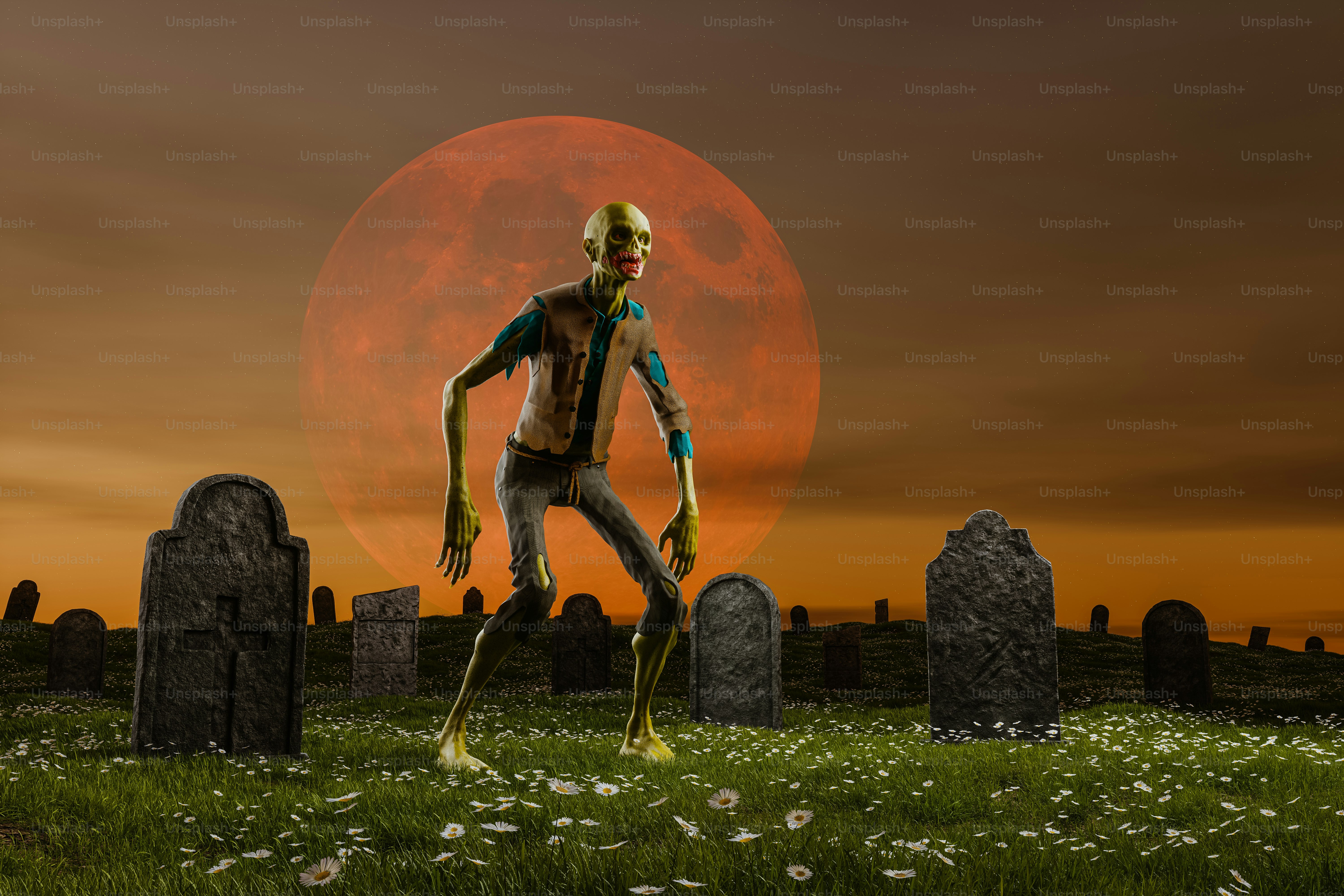 A man in a zombie costume running through a graveyard photo – Render ...