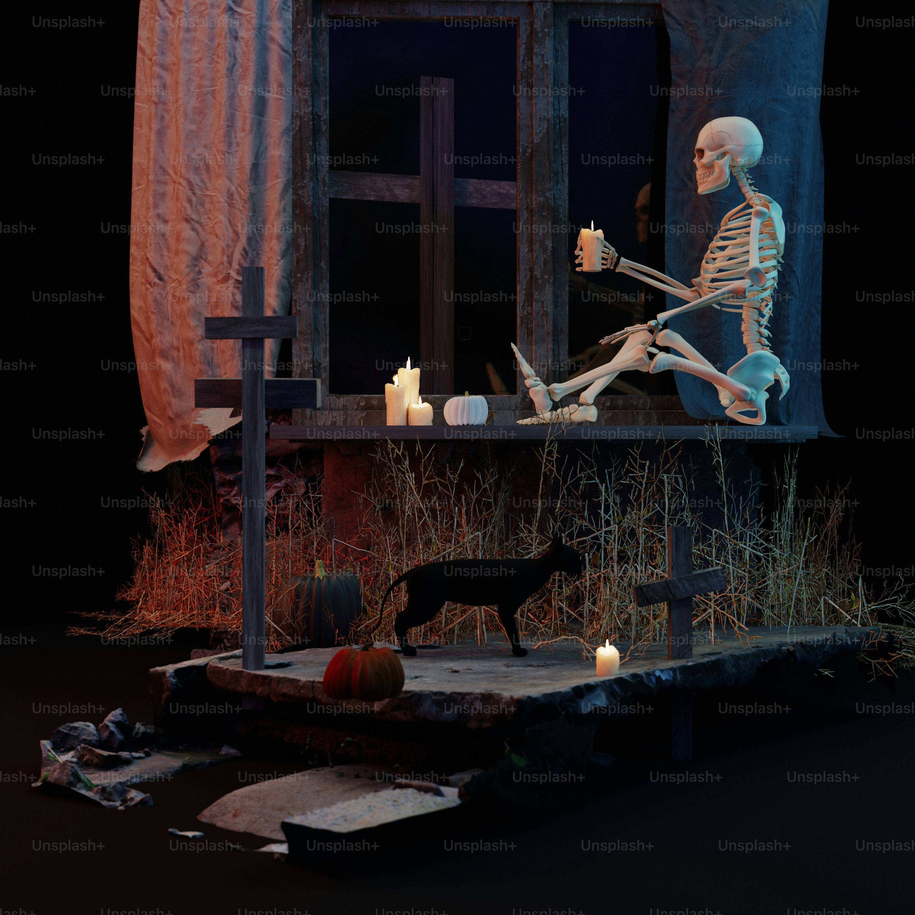 A skeleton sitting at a table with a candle photo – Halloween Image on ...