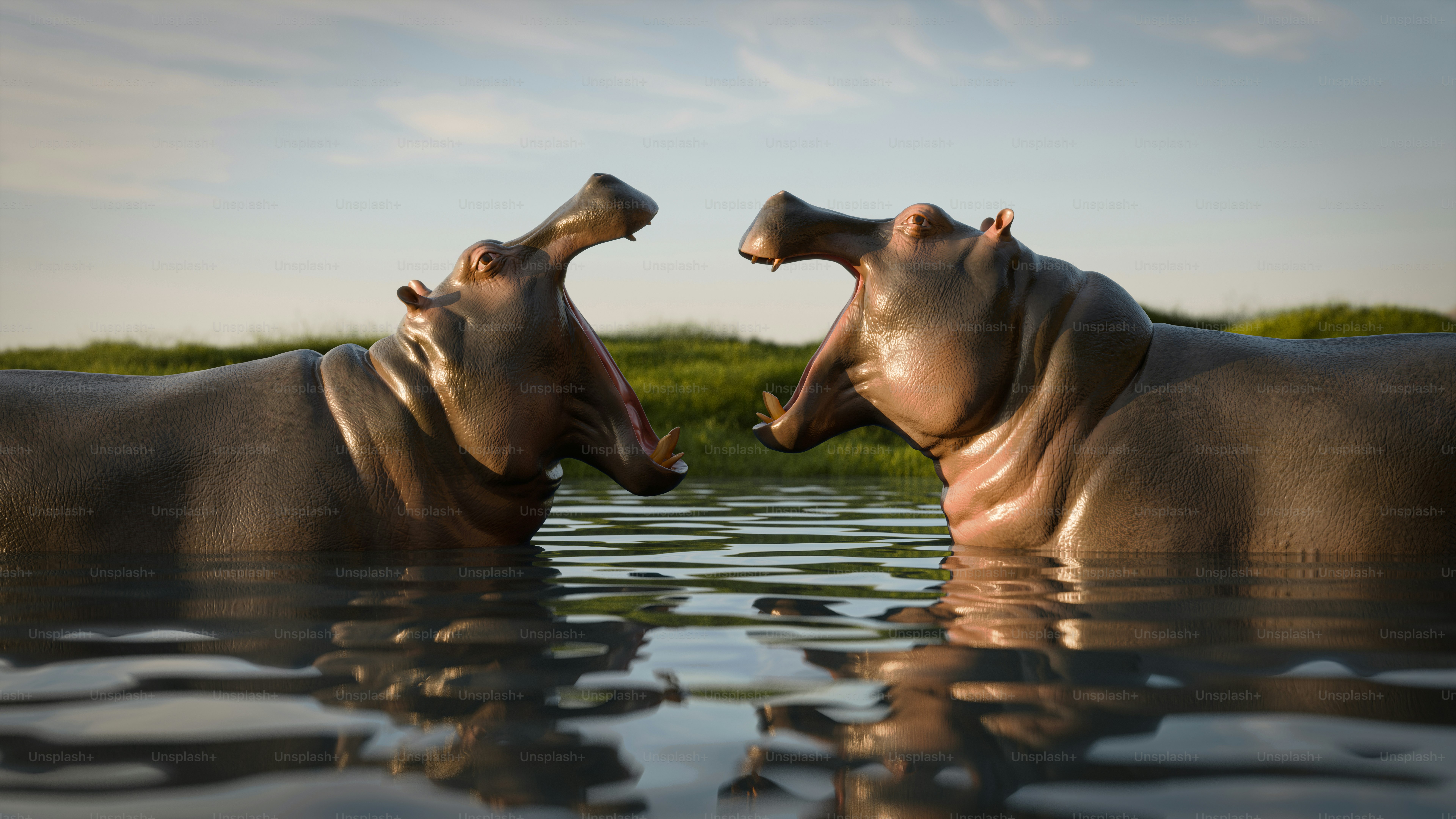 Two hippopotamus standing in a body of water photo – Hippo Image on ...