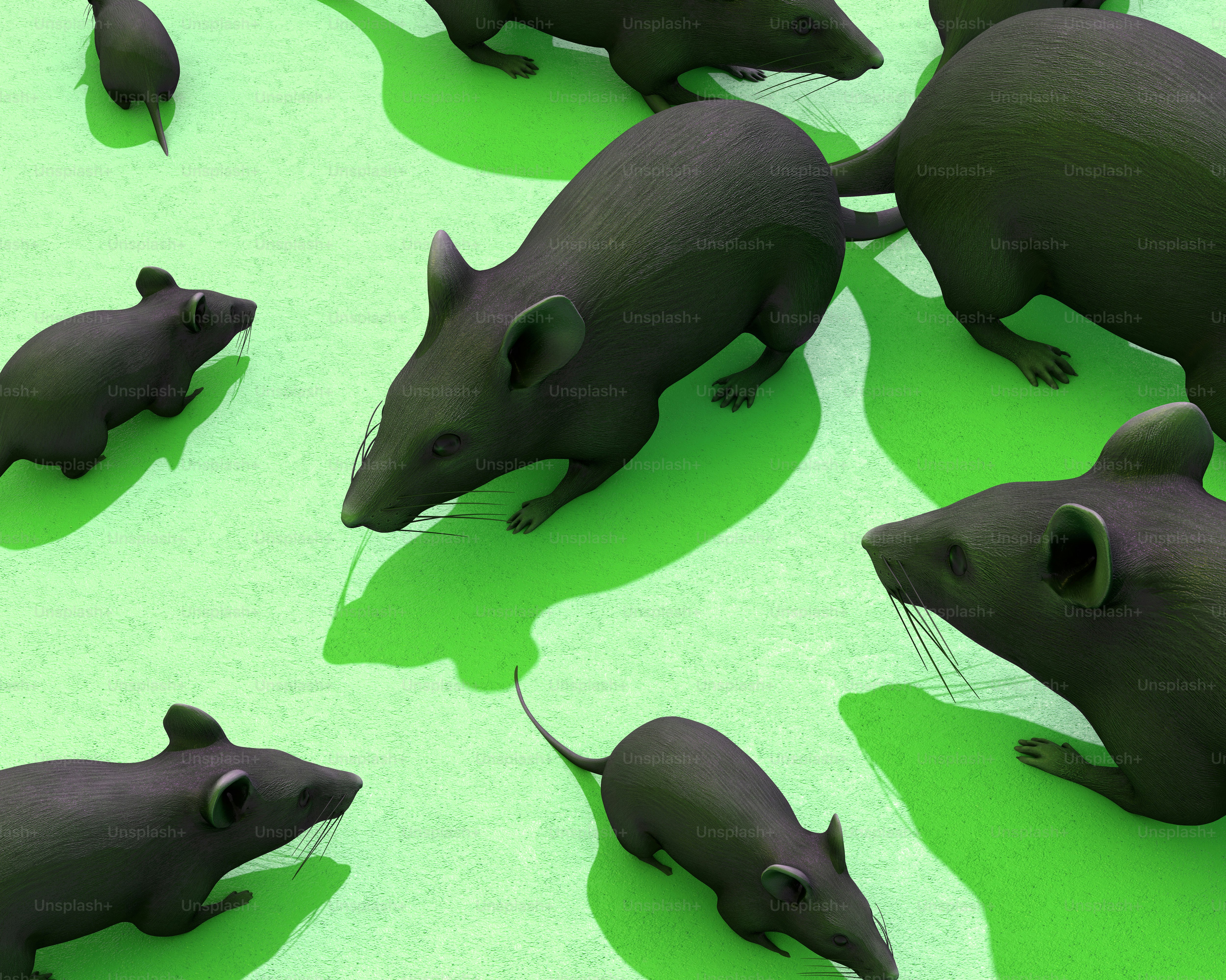 A group of small black mice on a green surface photo – Animal Image on ...