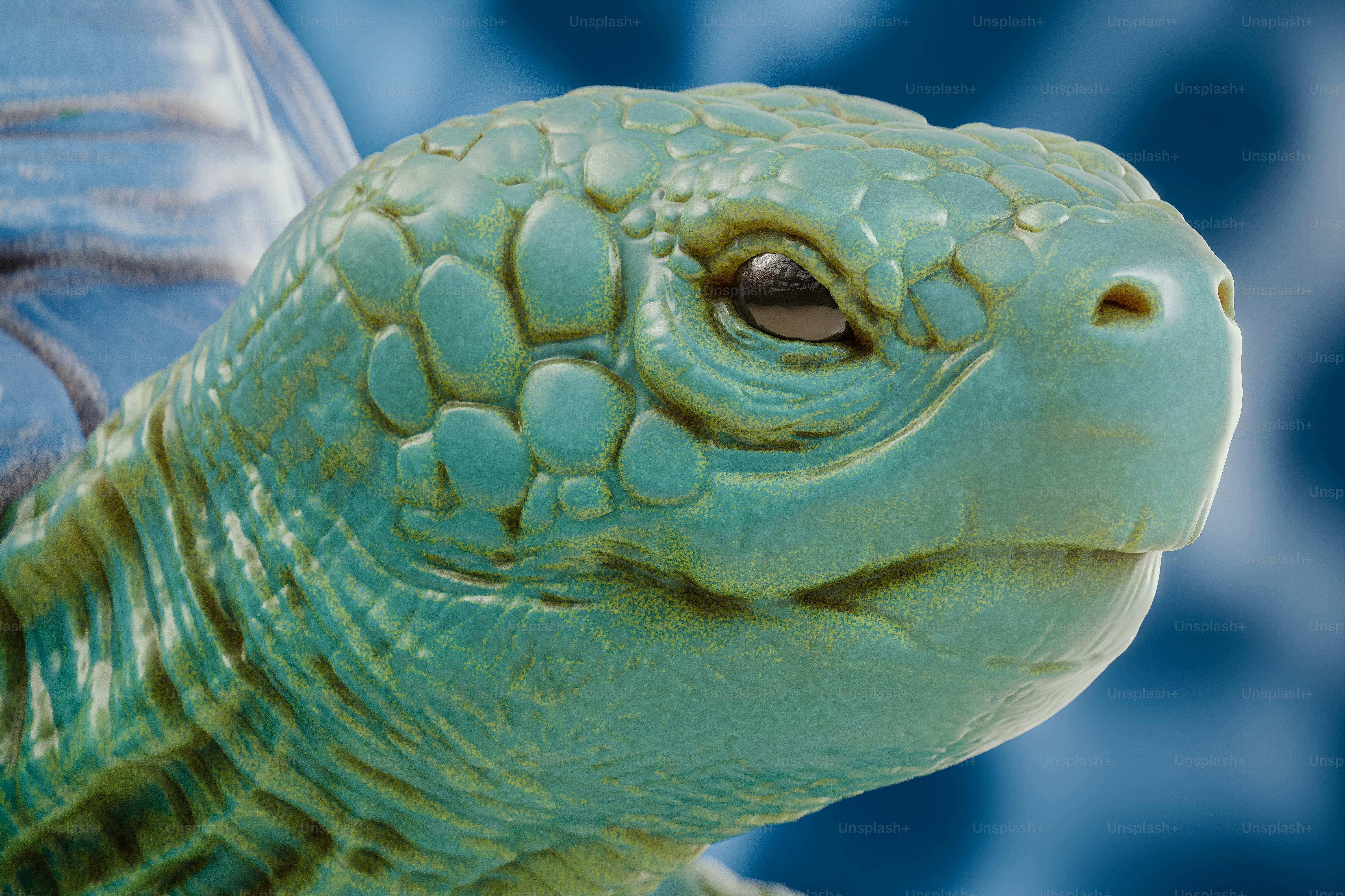 A close up of a green turtle with a blue background photo – Wallpaper ...