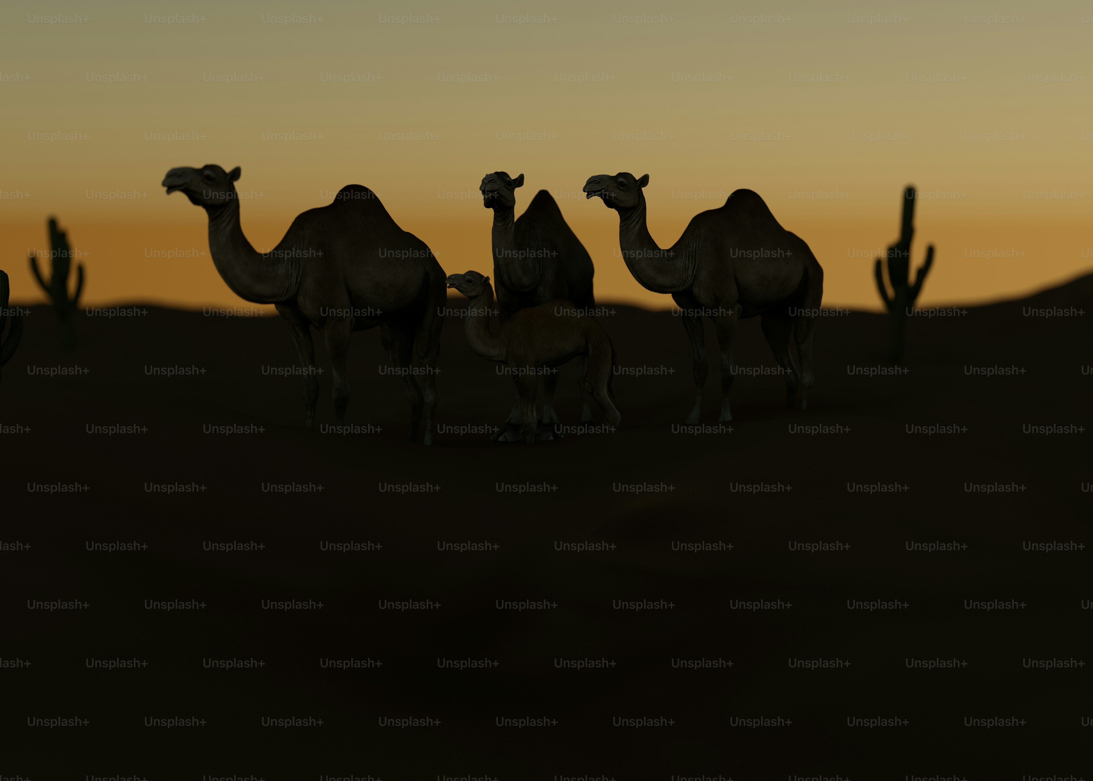 A group of camels walking across a desert photo – Digital render Image ...