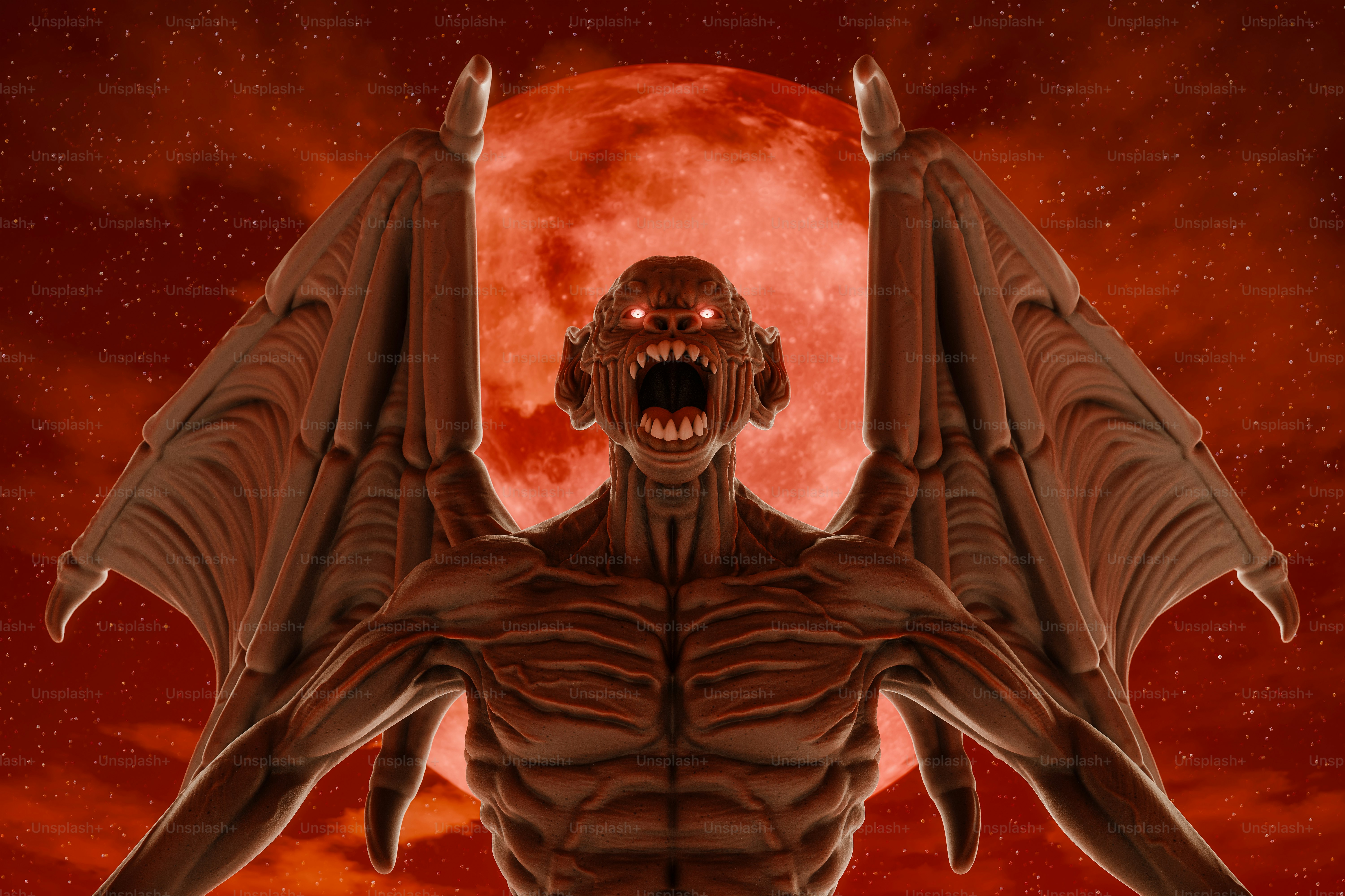 A creepy looking creature standing in front of a full moon photo ...