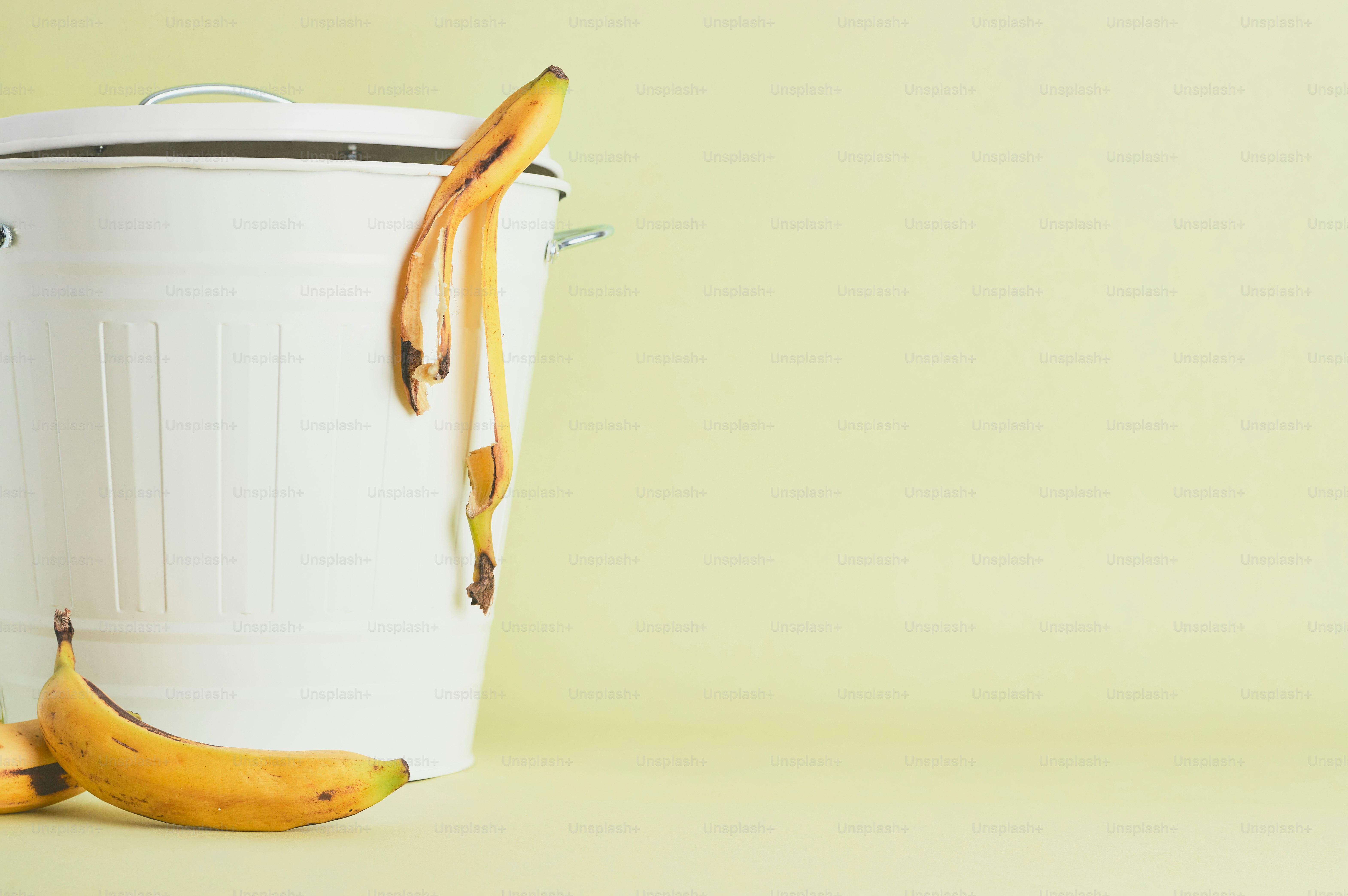 A white trash can sitting next to a bunch of bananas photo – Organic ...