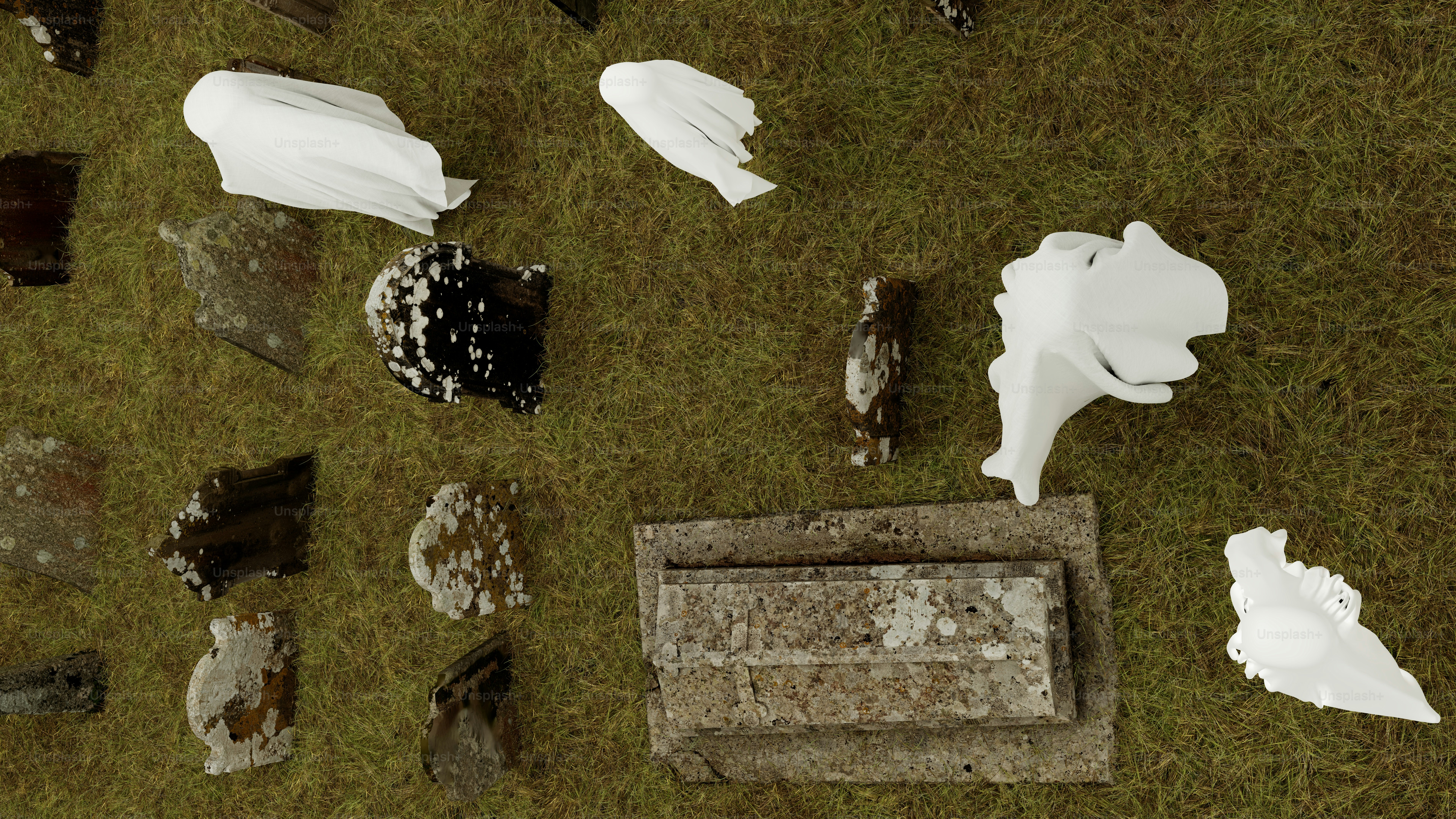 A group of white objects laying on top of a green field photo ...