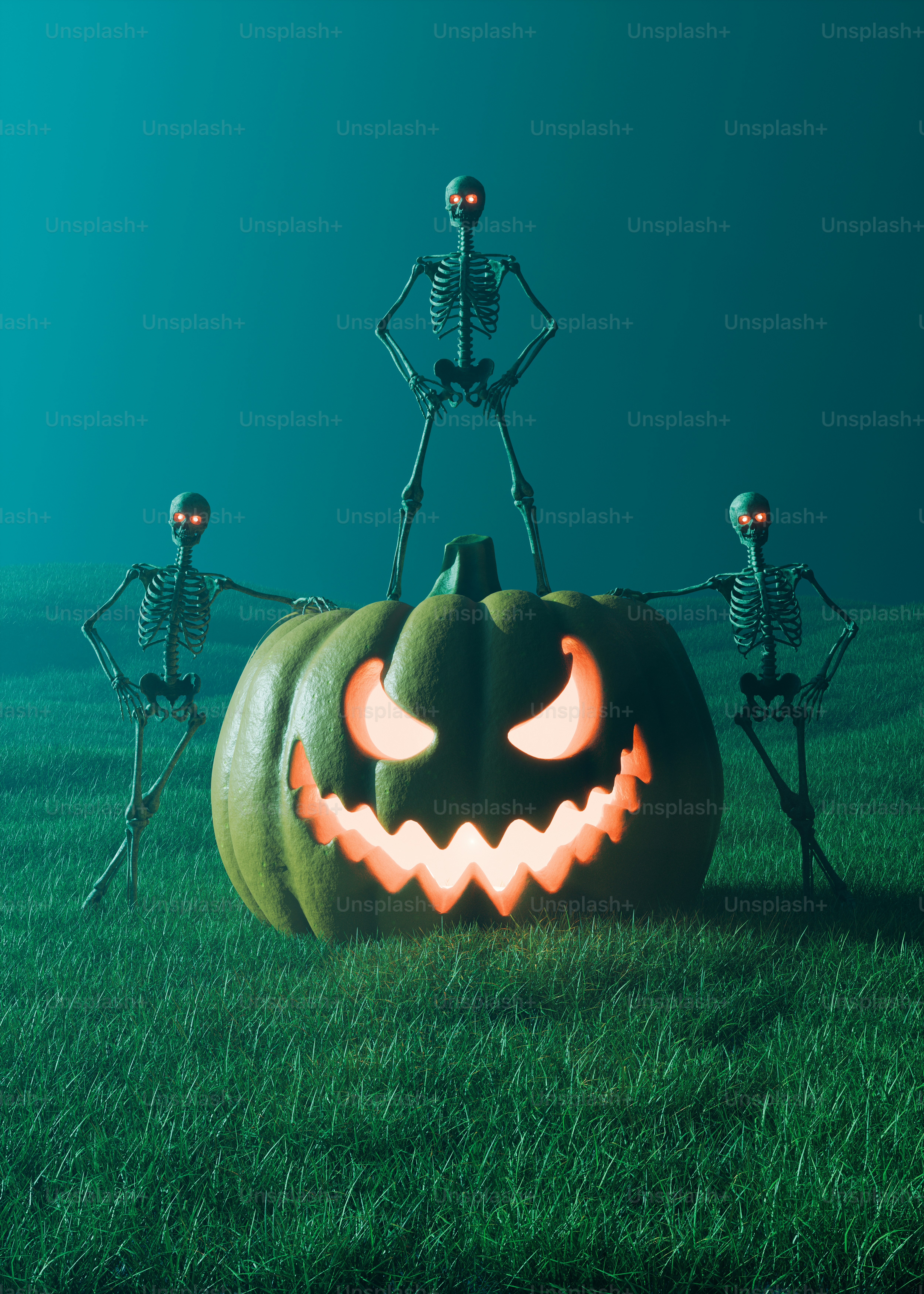 A group of skeletons sitting on top of a pumpkin photo – Digital image ...