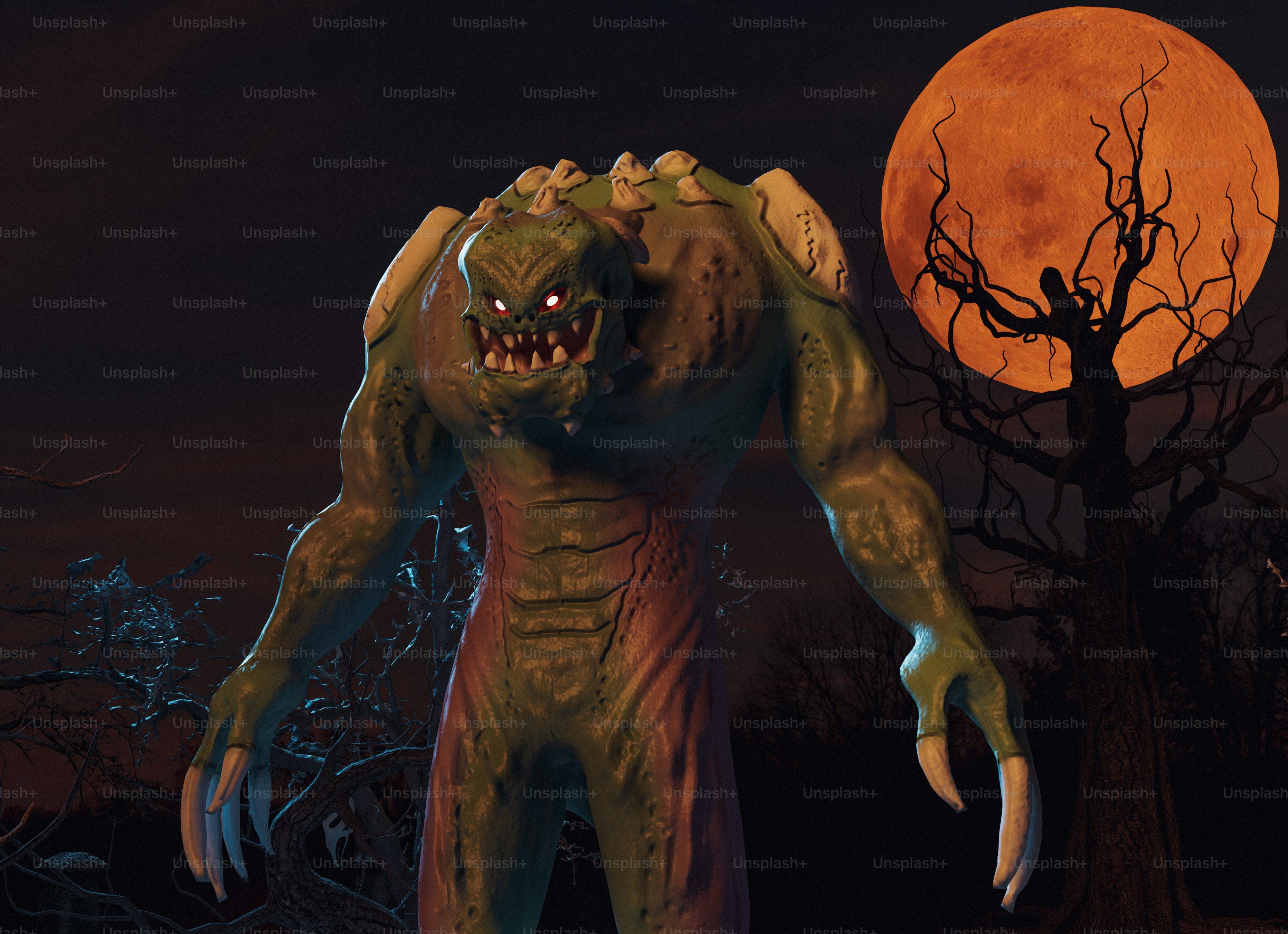 A creepy creature standing in front of a full moon photo – Digital ...