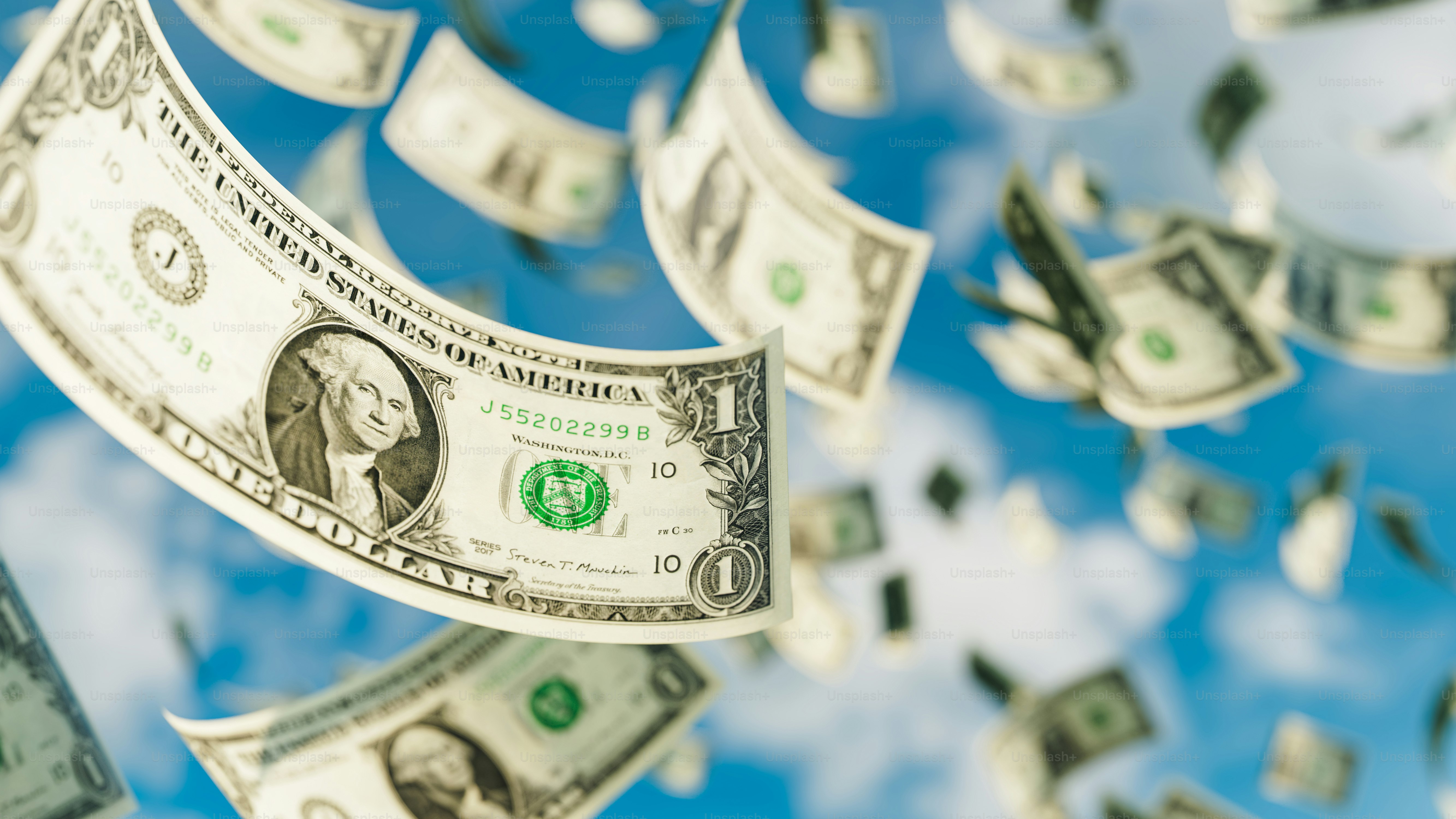 Rain of one dollar bills falling from the sky with clouds, 3d illustration, horizontal image ...