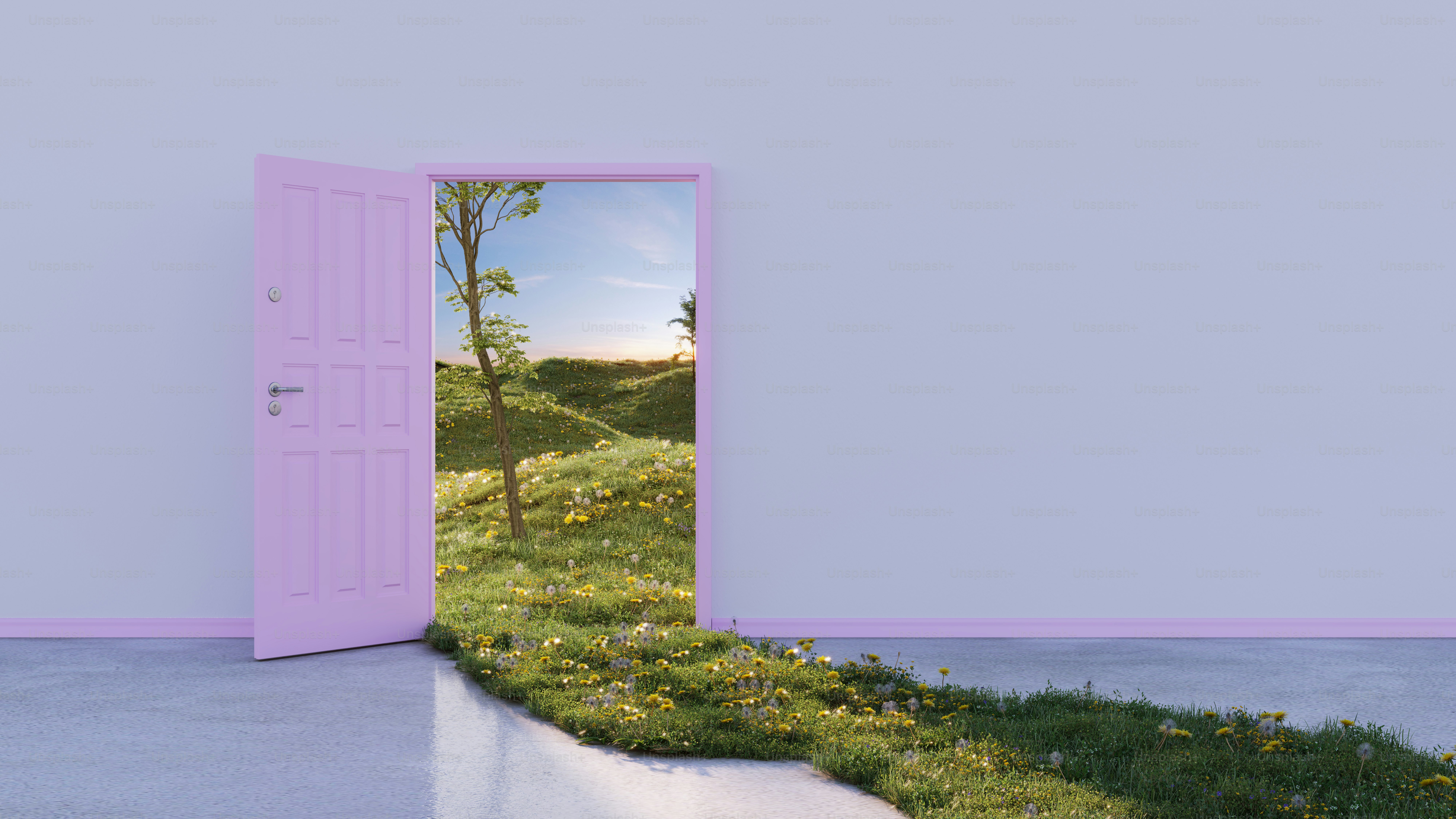 An abstract opening door to the nature. (3d render) photo – Standing ...