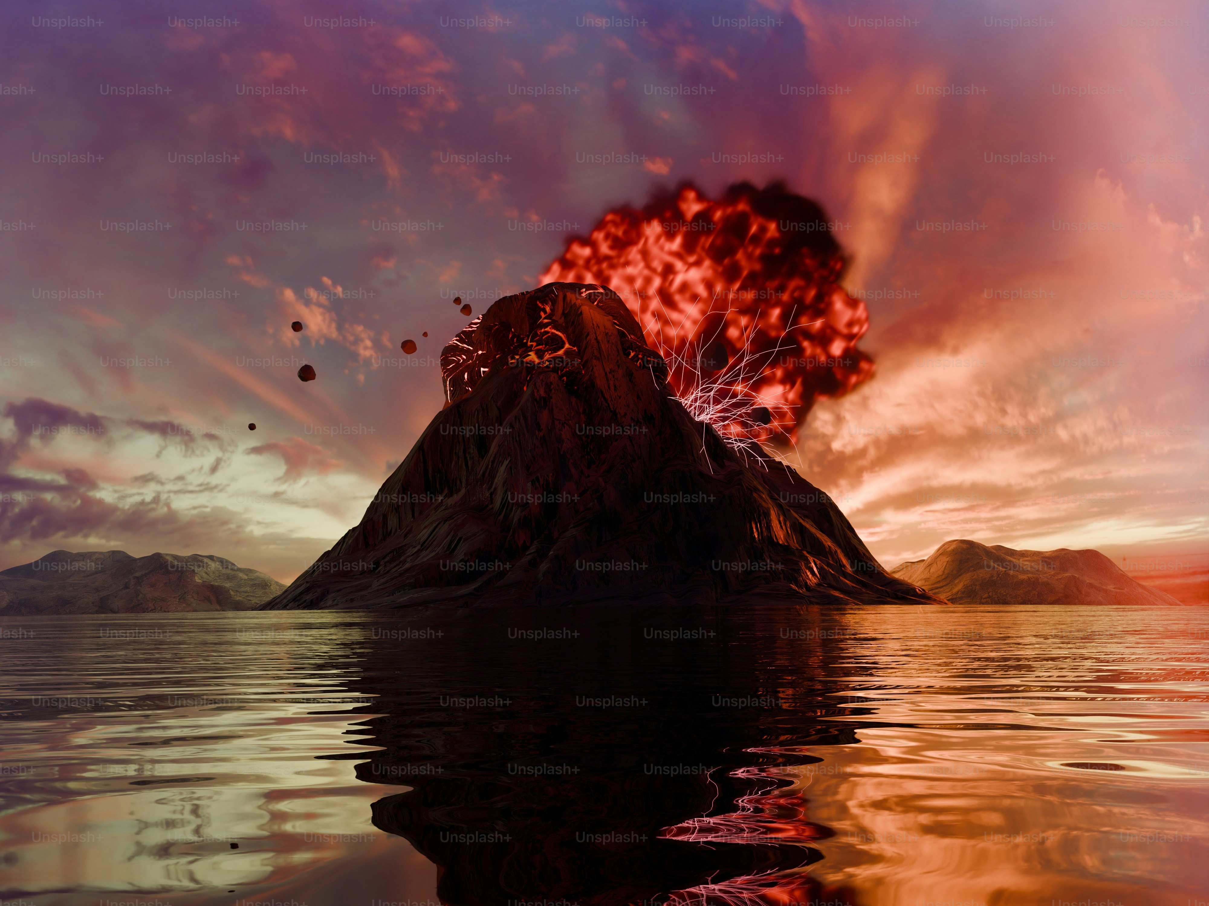 A volcano spewing lava into the ocean at sunset photo – Volcano Image ...