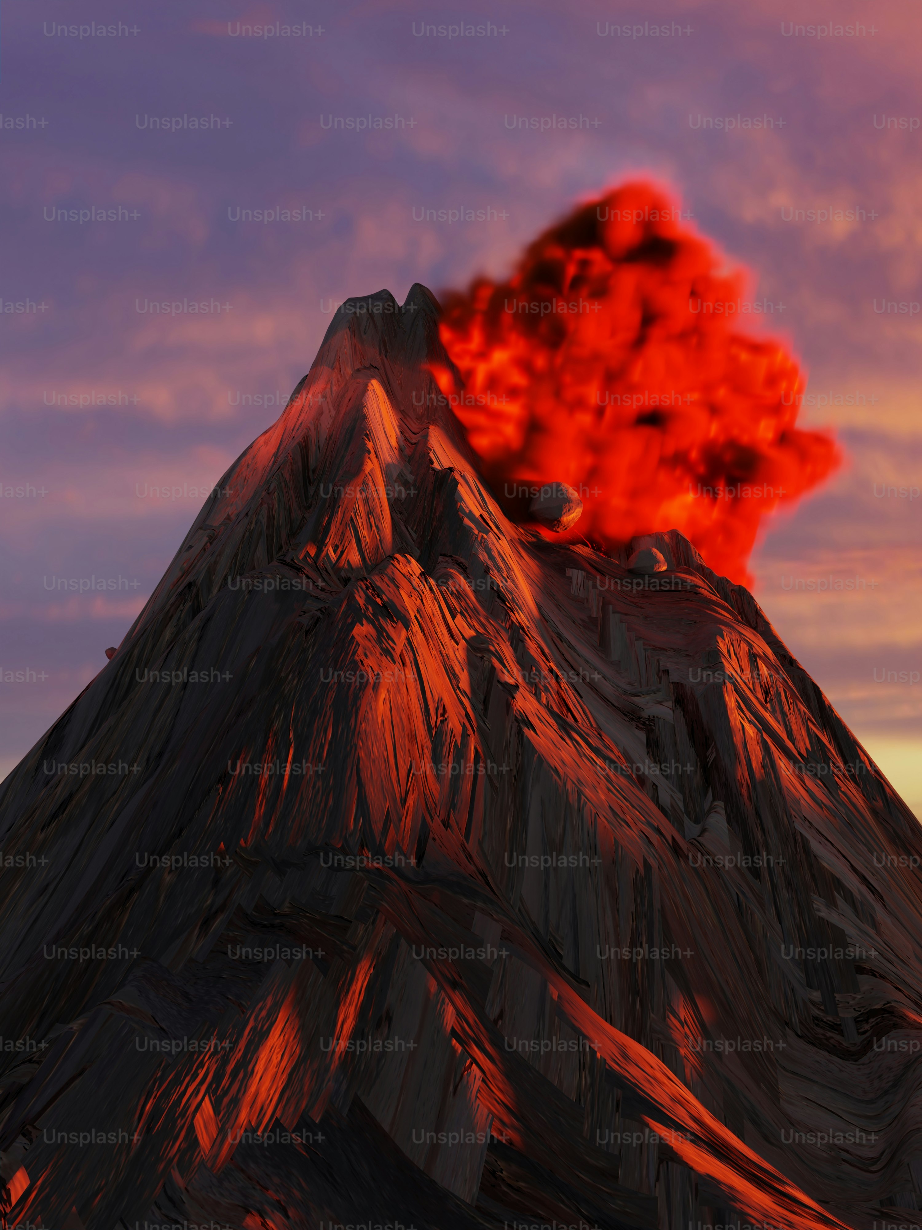 Un volcan émet de la fumée rouge au coucher du soleil photo – Image de ...