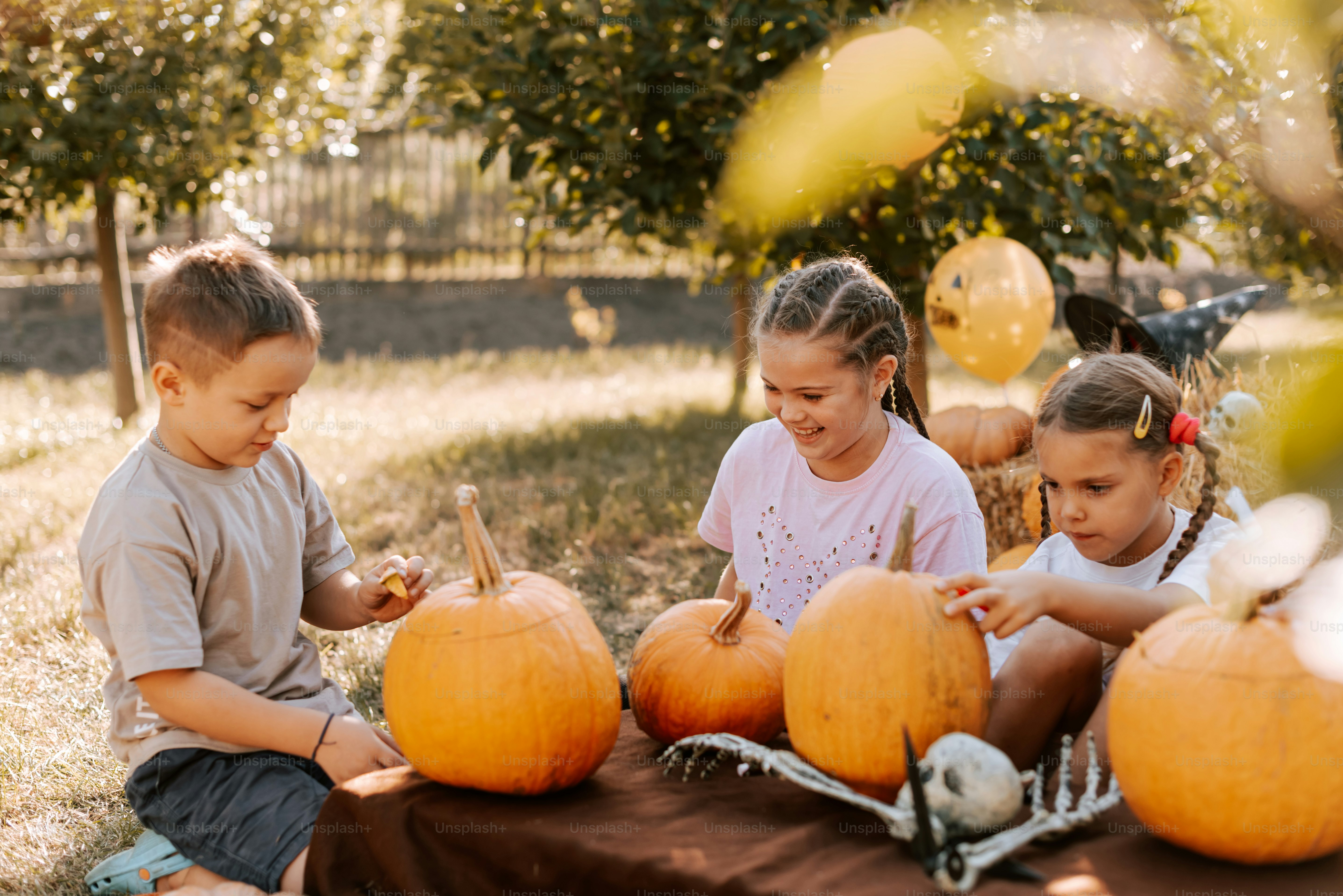 A group of children sitting around a table with pumpkins photo ...