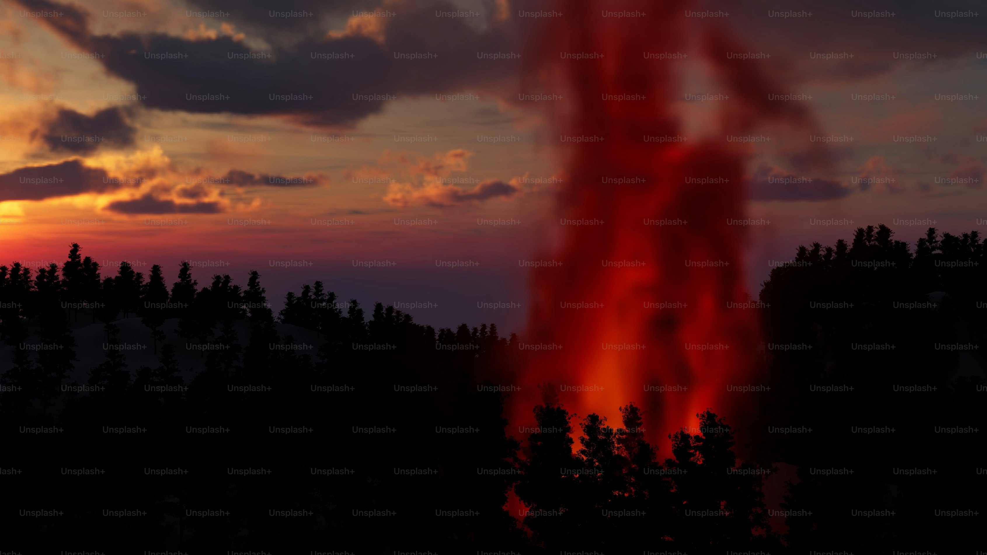 A fire spewing out of the ground in the middle of a forest photo – 3d ...
